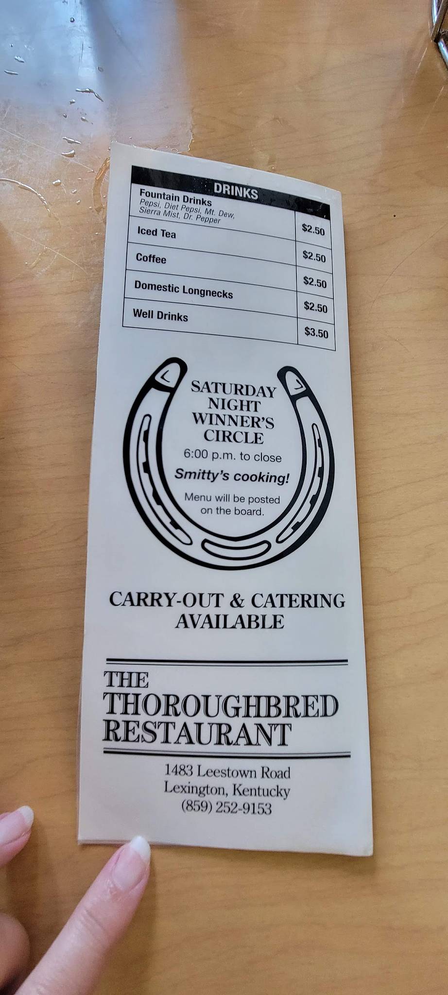 Menu at Thoroughbred Restaurant, Lexington