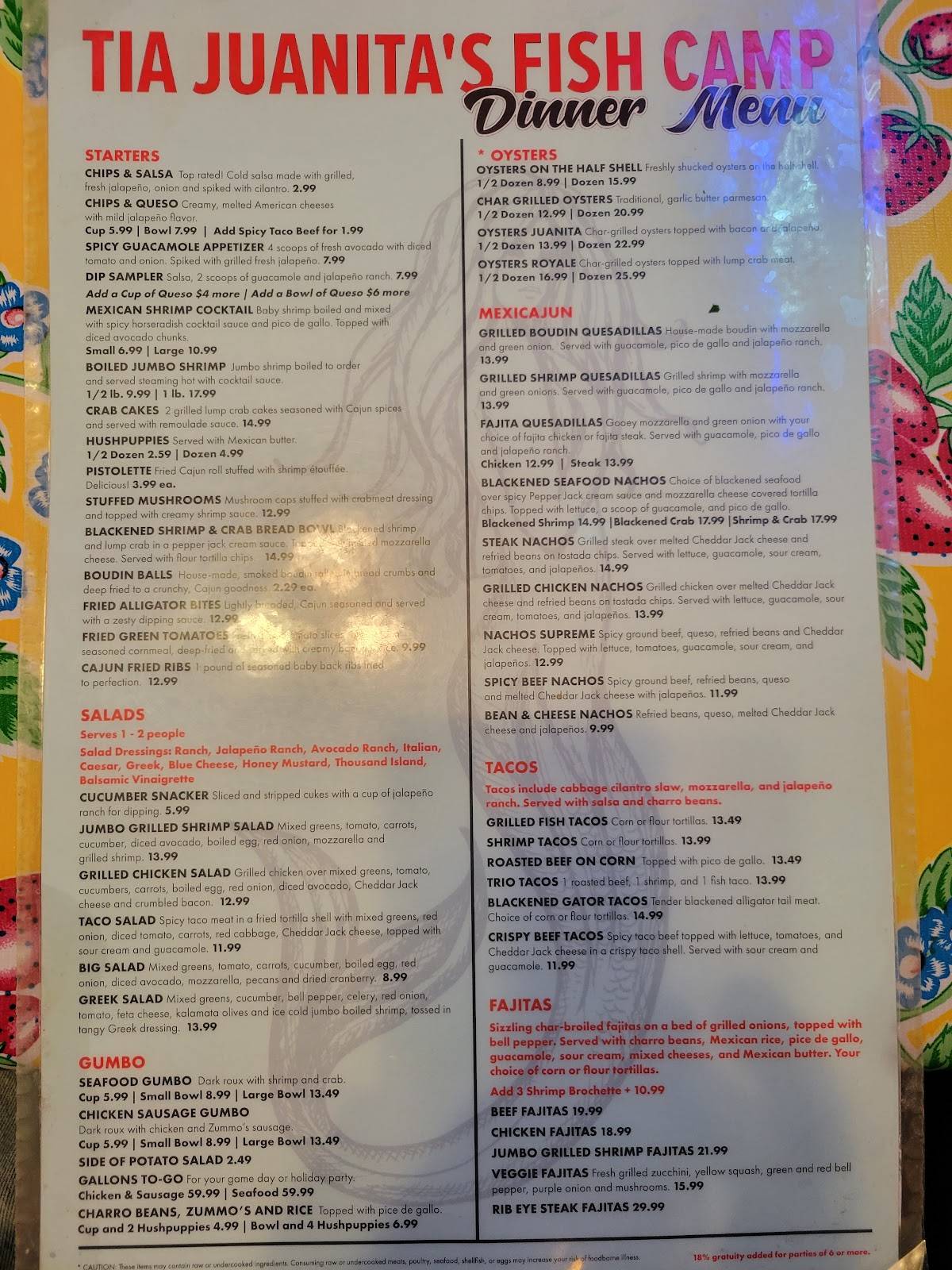 Menu at Tia Juanita's Fish Camp restaurant, Beaumont, Calder Ave