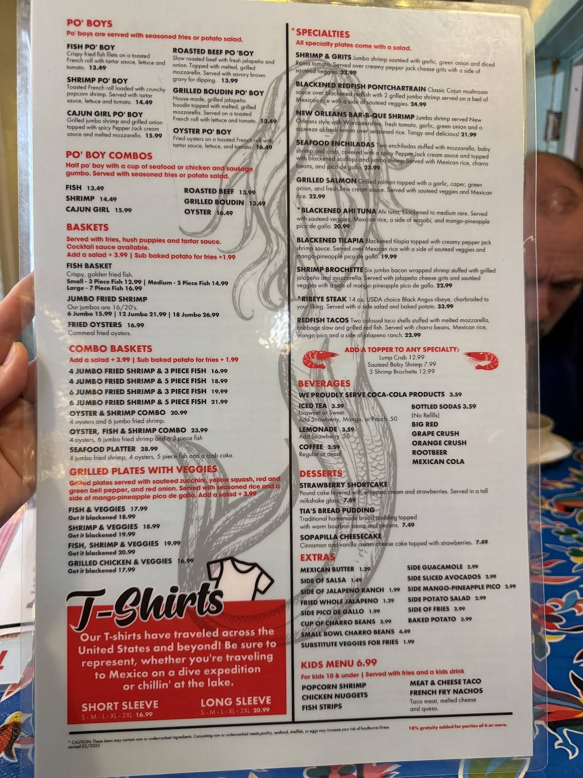 Menu at Tia Juanita's Fish Camp restaurant, Beaumont, Calder Ave