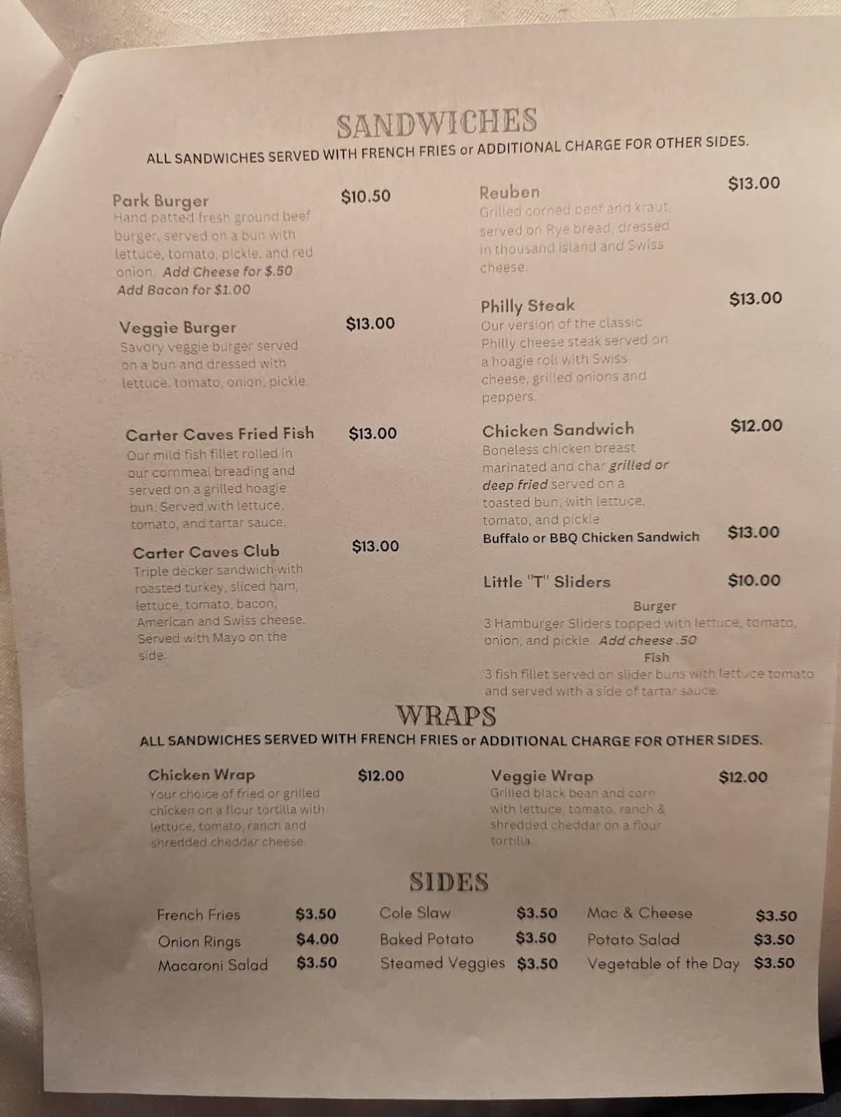 Menu at Tierney's Cavern restaurant, USA