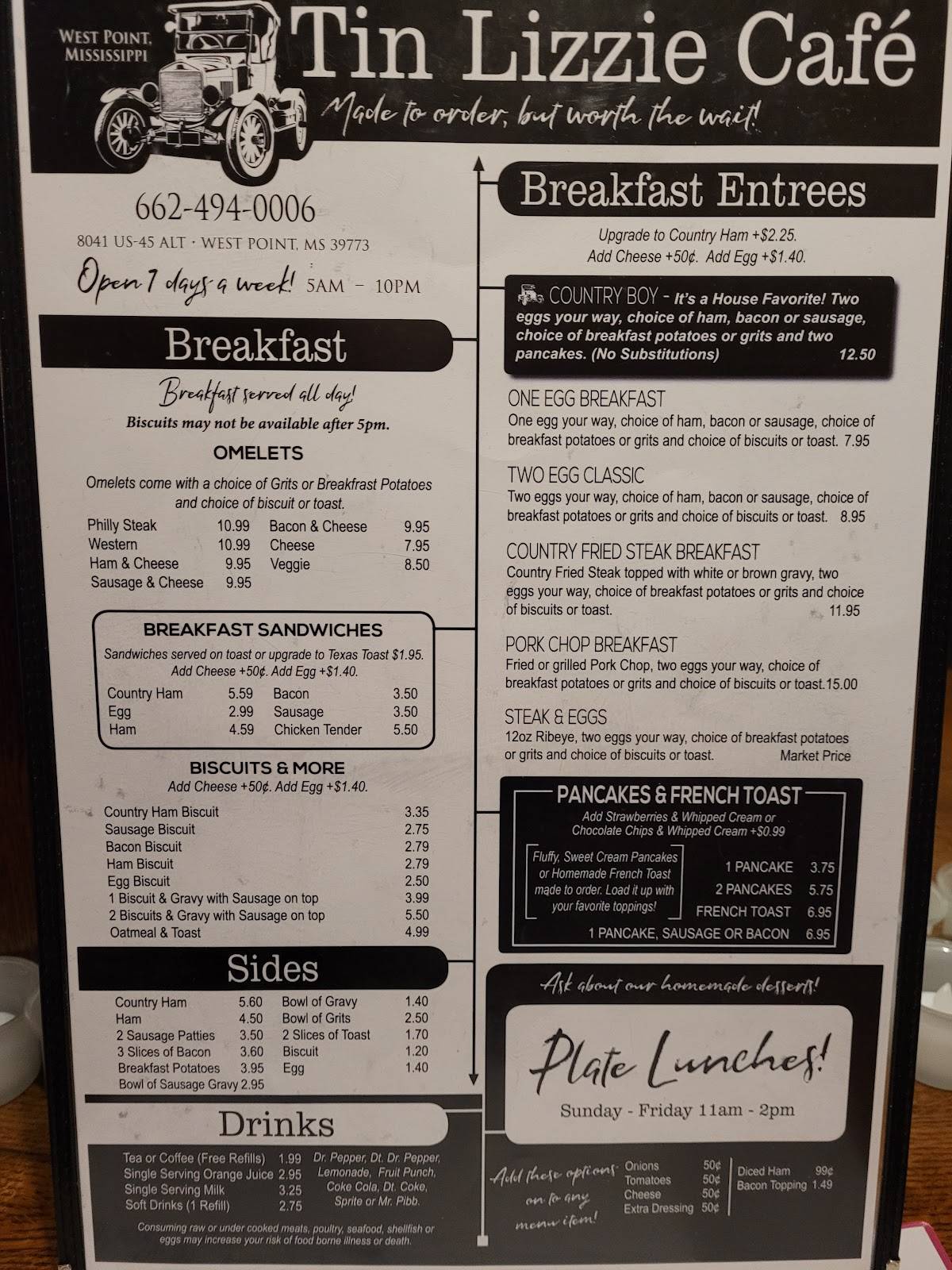 Menu at Tin Lizzie Cafe, West Point, US-45 ALT