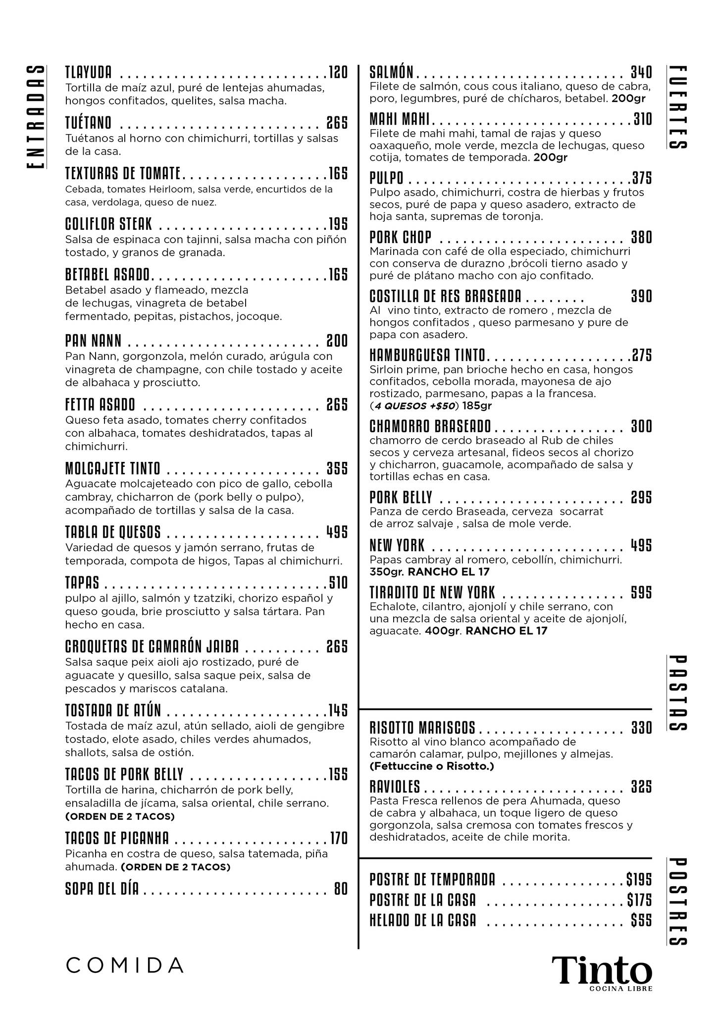 Menu at Tinto Cocina Libre restaurant, Ciudad Juarez