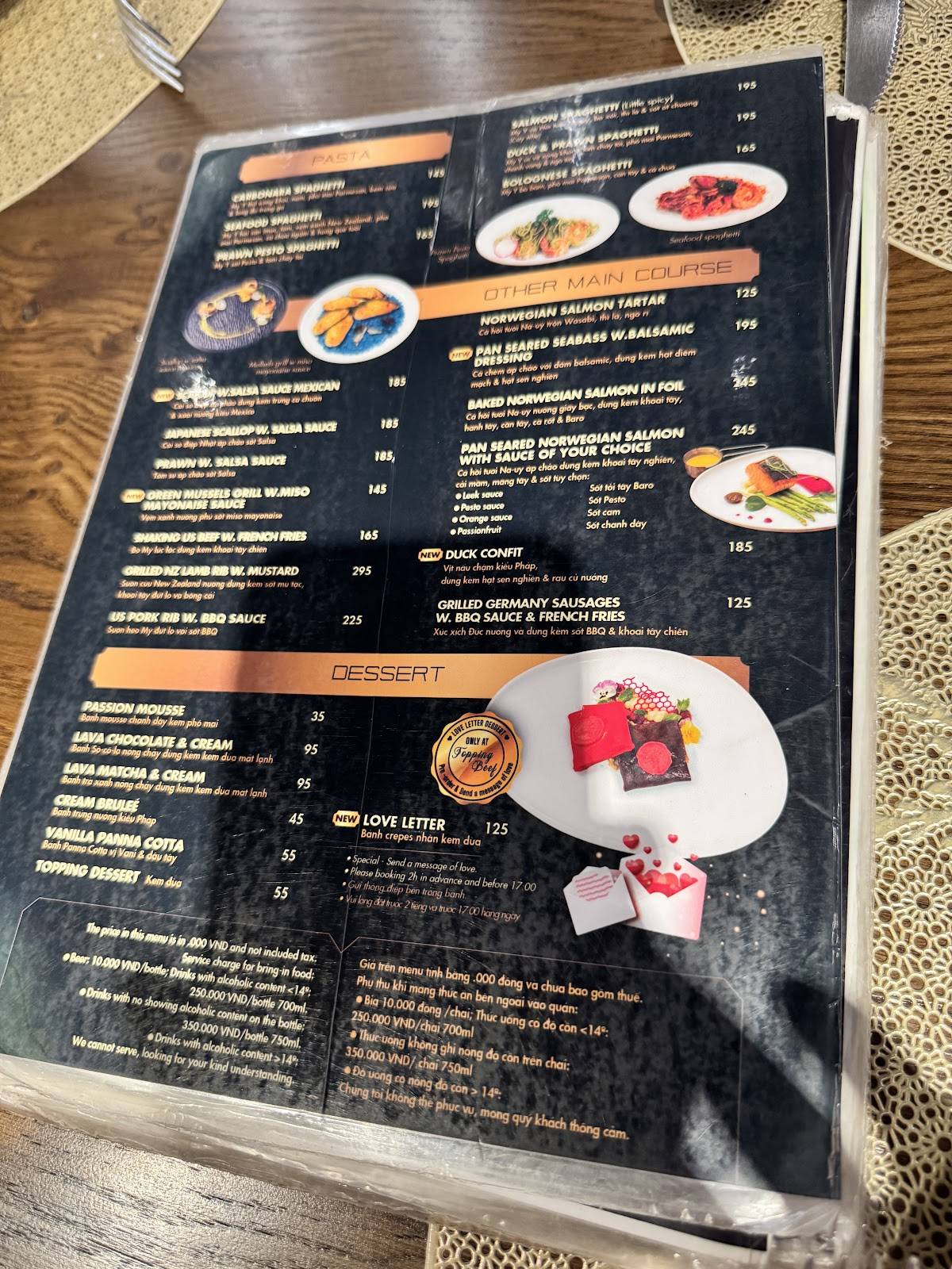 Menu at Topping Beef Diamond restaurant, Ho Chi Minh City