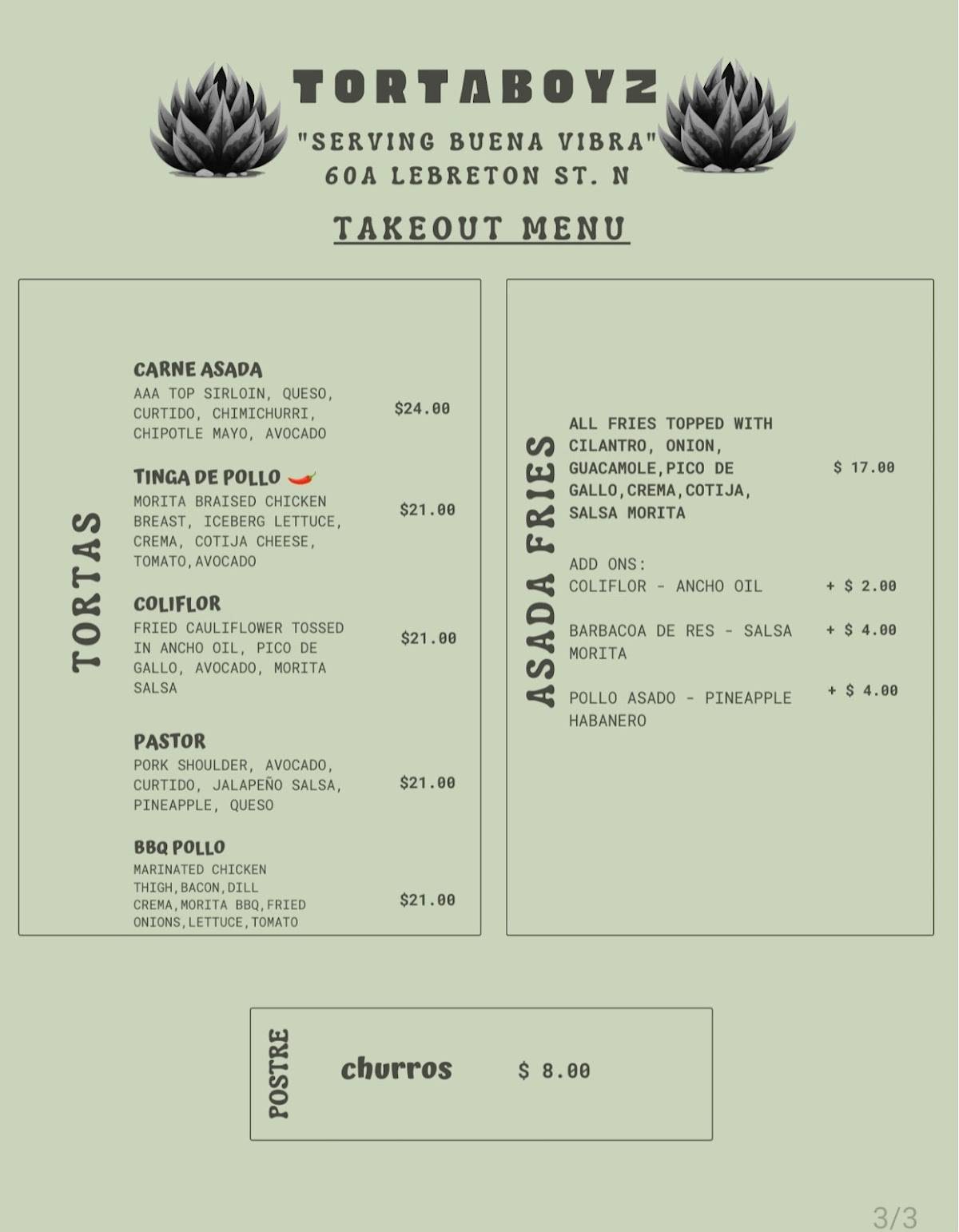 Menu at Torta Boyz restaurant, Ottawa