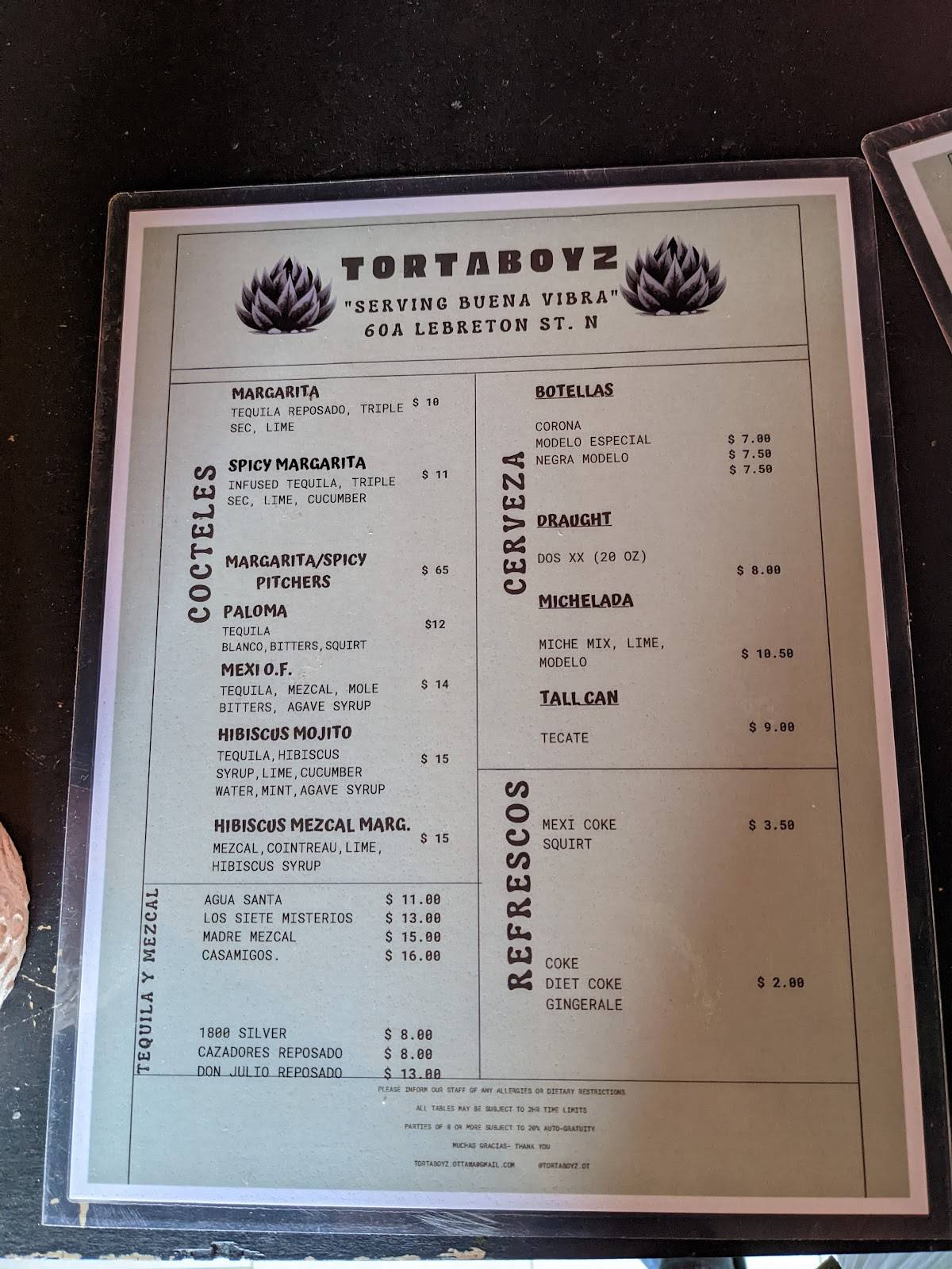 Menu at Torta Boyz restaurant, Ottawa