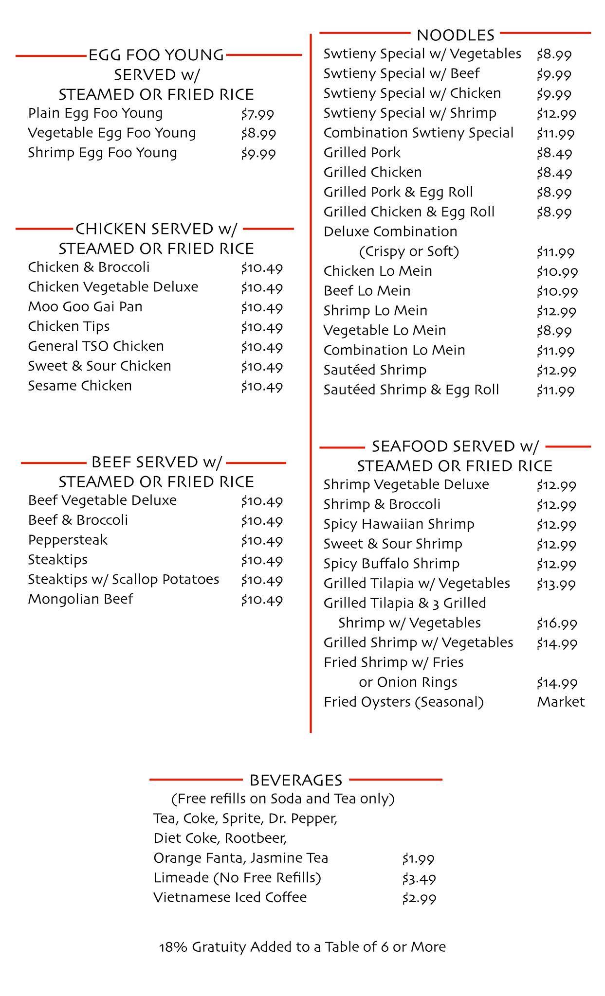 Menu at Tran's Restaurant, Palacios