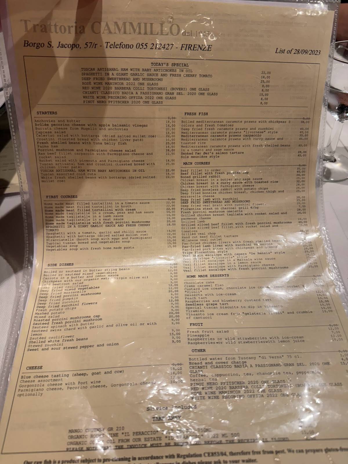 Menu at Trattoria Cammillo restaurant, Florence