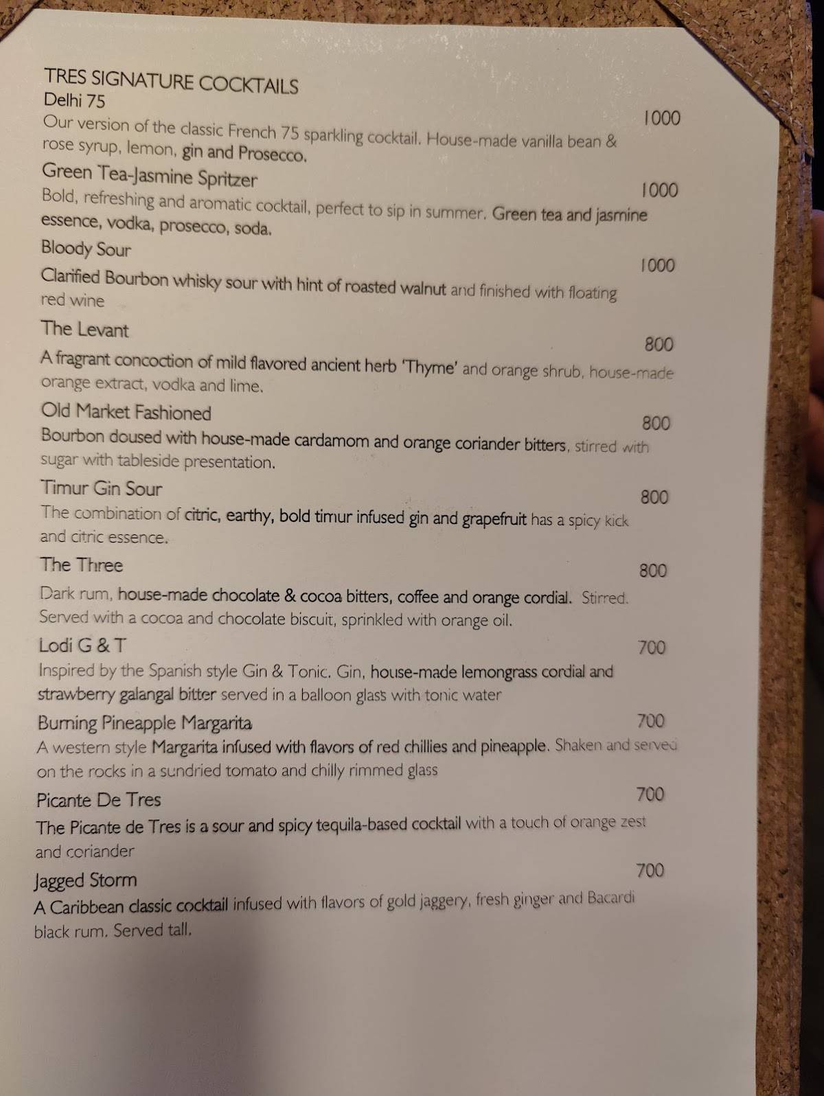 Menu at Tres, New Delhi, 23