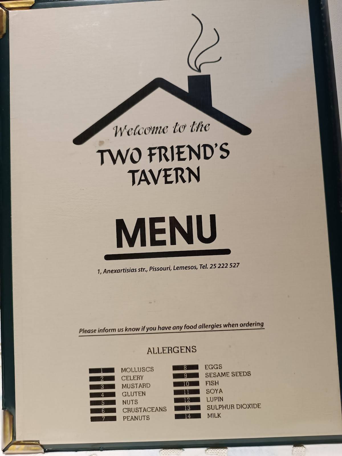 Menu at Two Friends Tavern, Pissouri, MPC3+R78