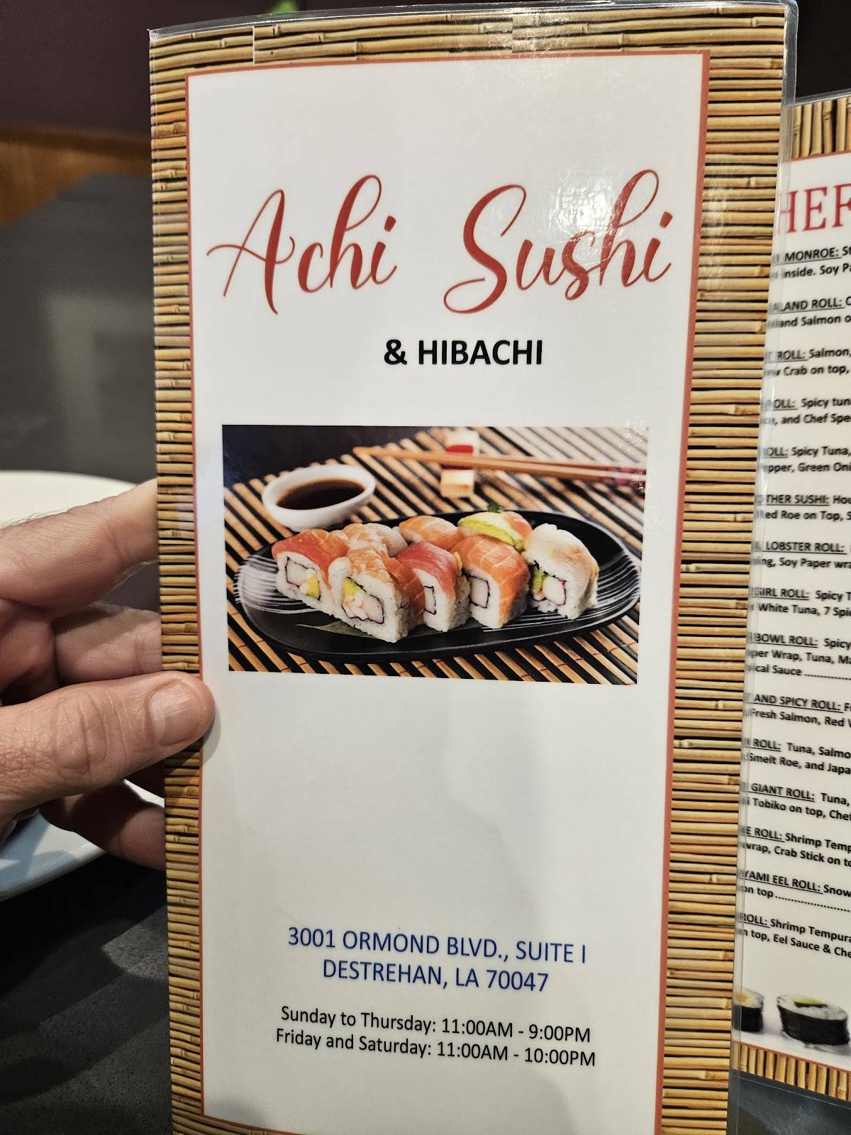 Menu at Uchi Sushi restaurant, Destrehan