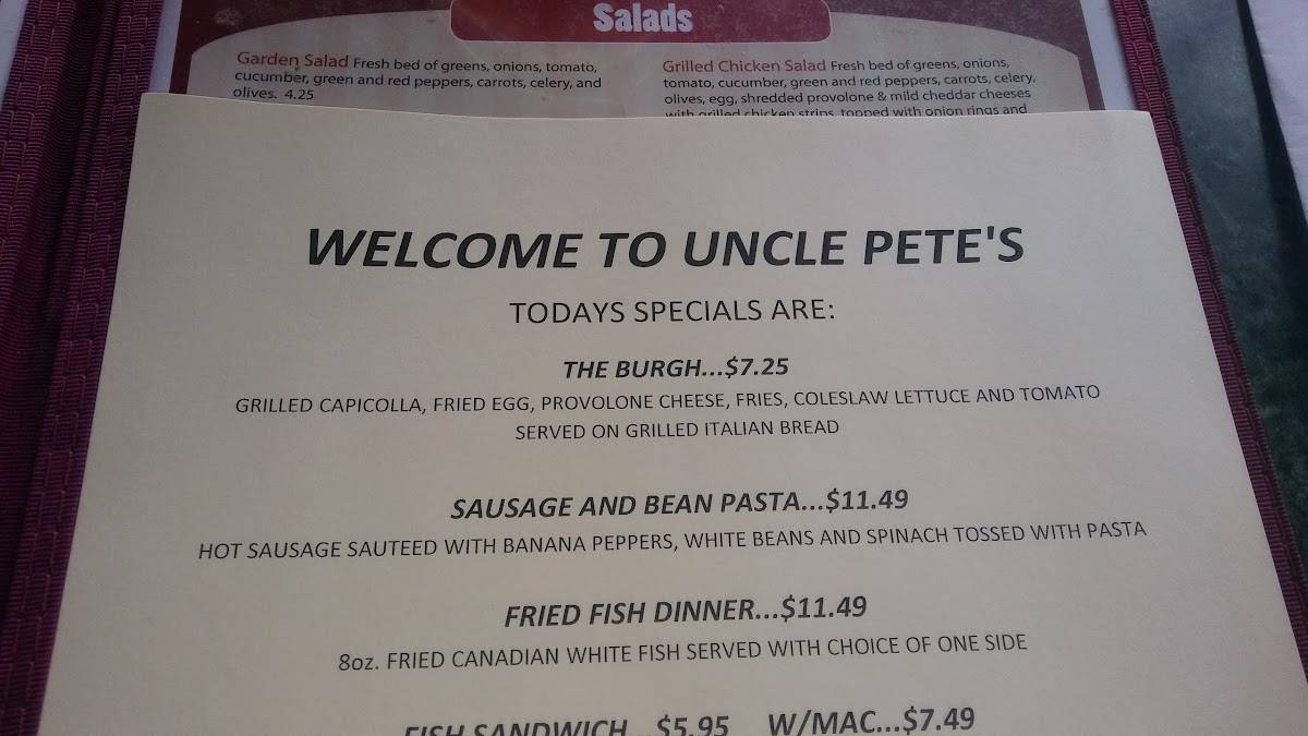 Menu at Uncle Pete's restaurant, Wheeling, 1 Community St