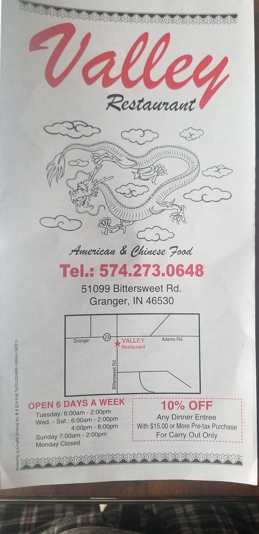 Menu at Valley restaurant, Granger