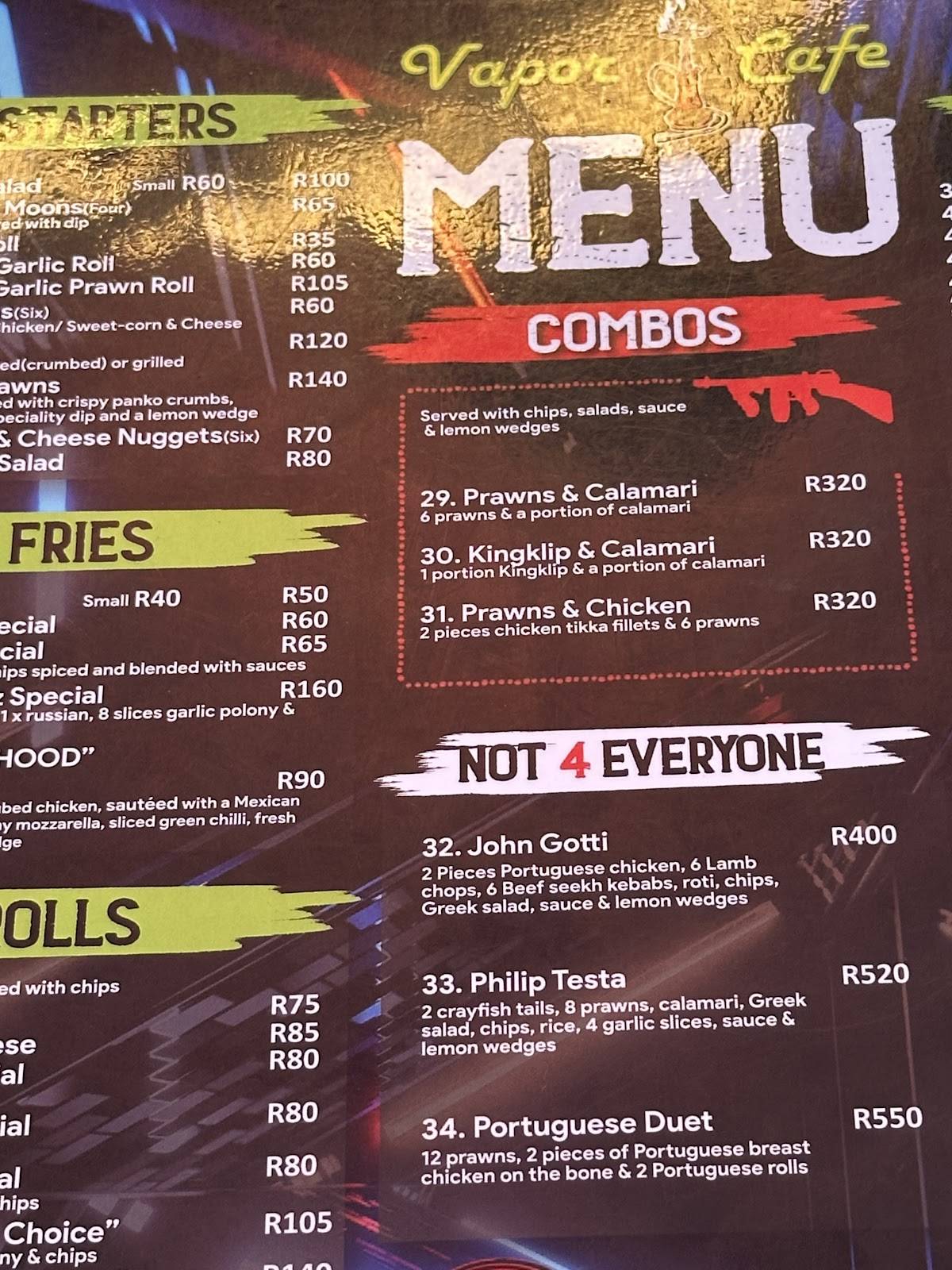 Menu at Vapor Cafe, Durban