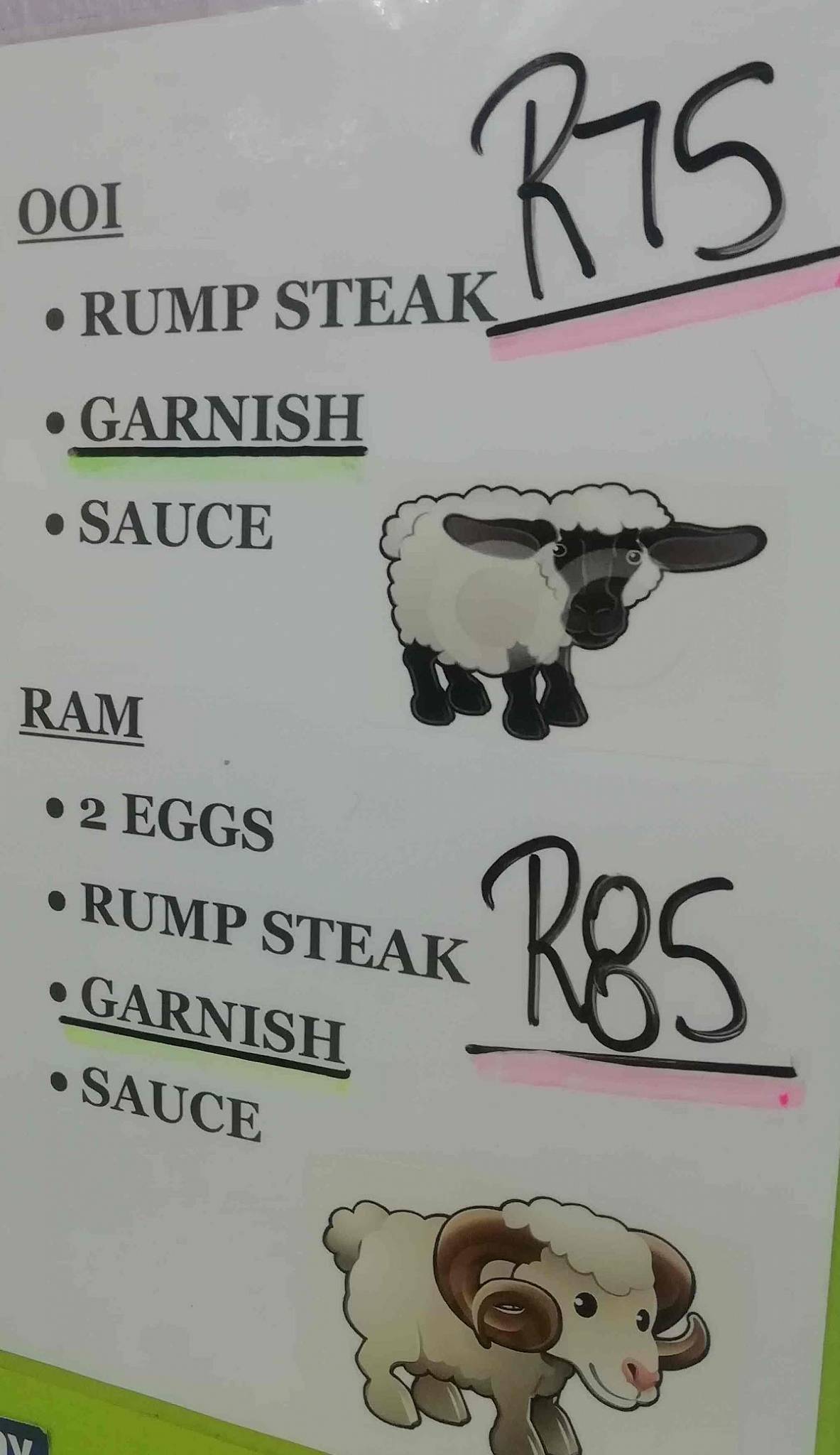 Menu at Vetkoek Paleis restaurant, Johannesburg, 37 Anstruther St