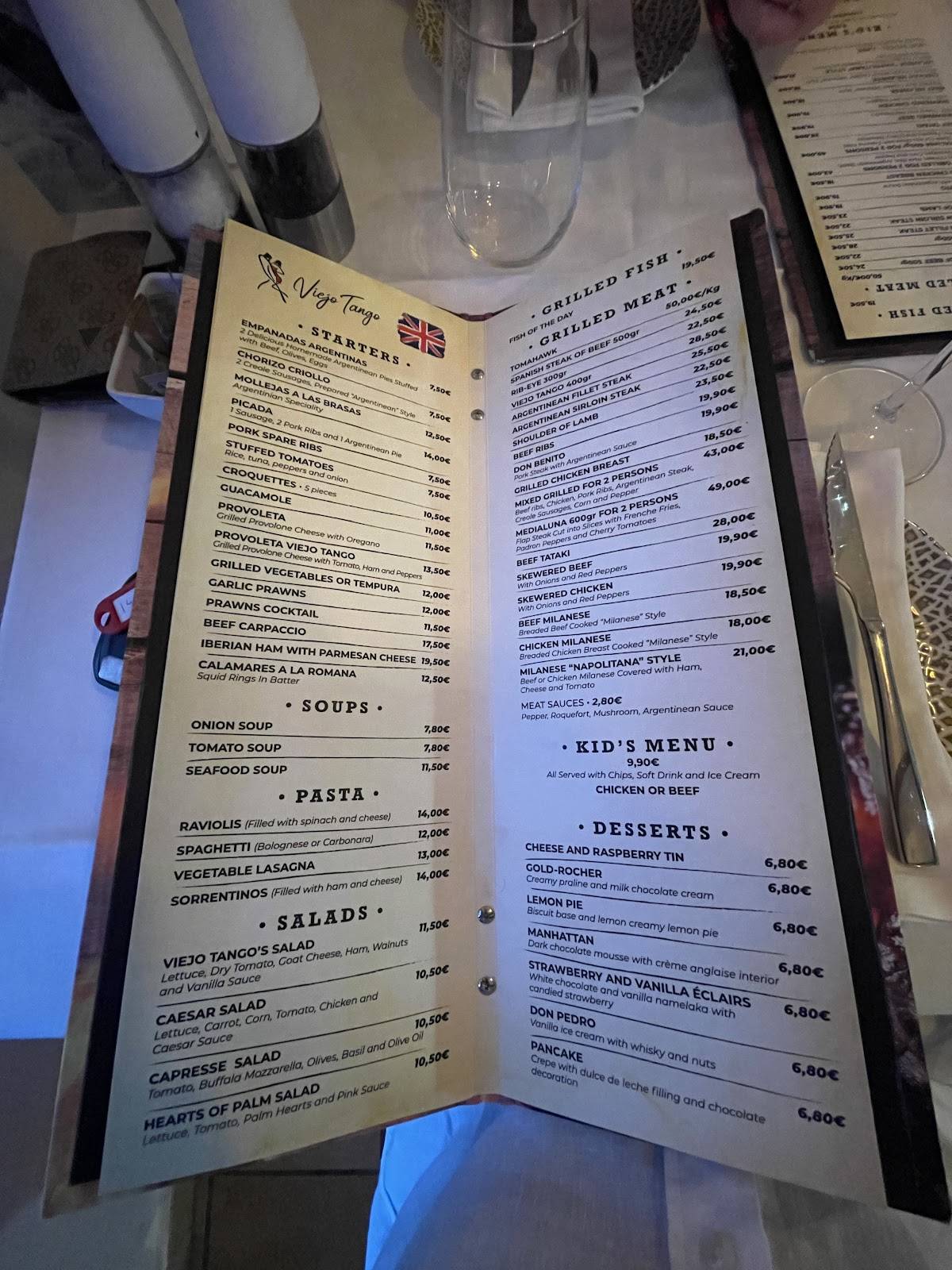 Menu at Viejo Tango Villamartin restaurant, Spain
