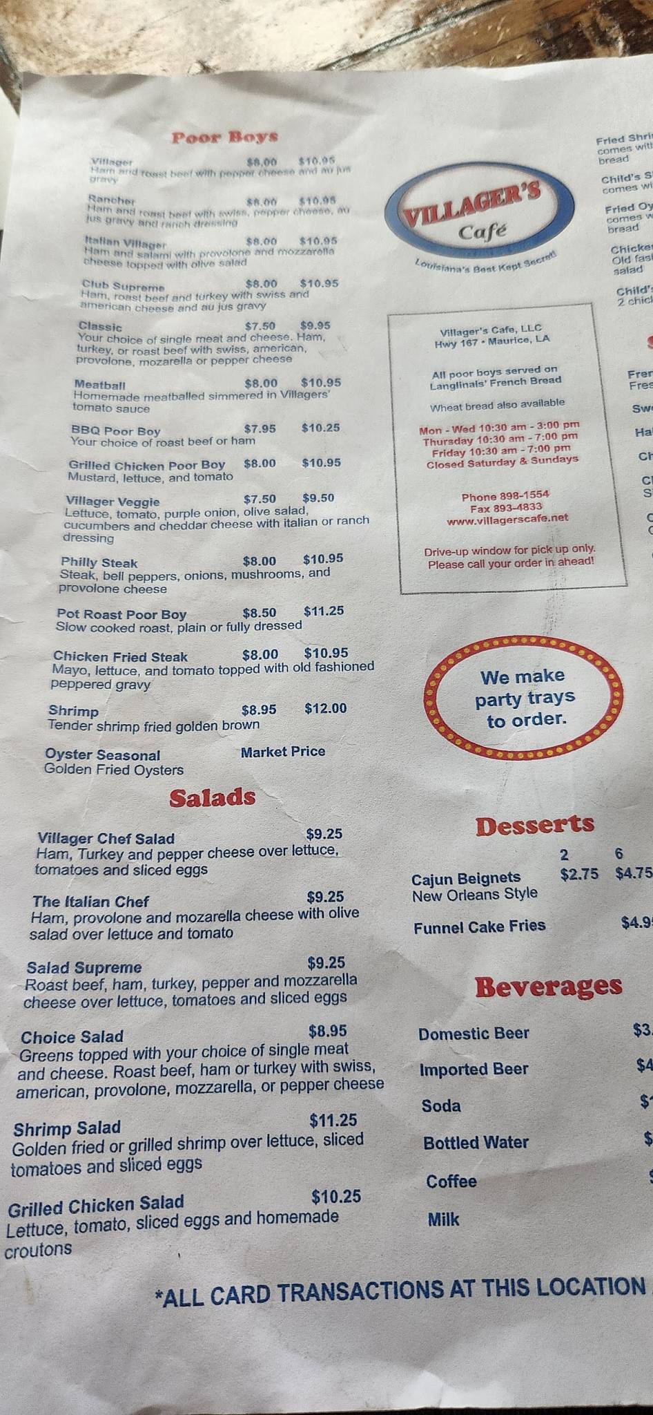 Menu at Villager's Cafe, Maurice