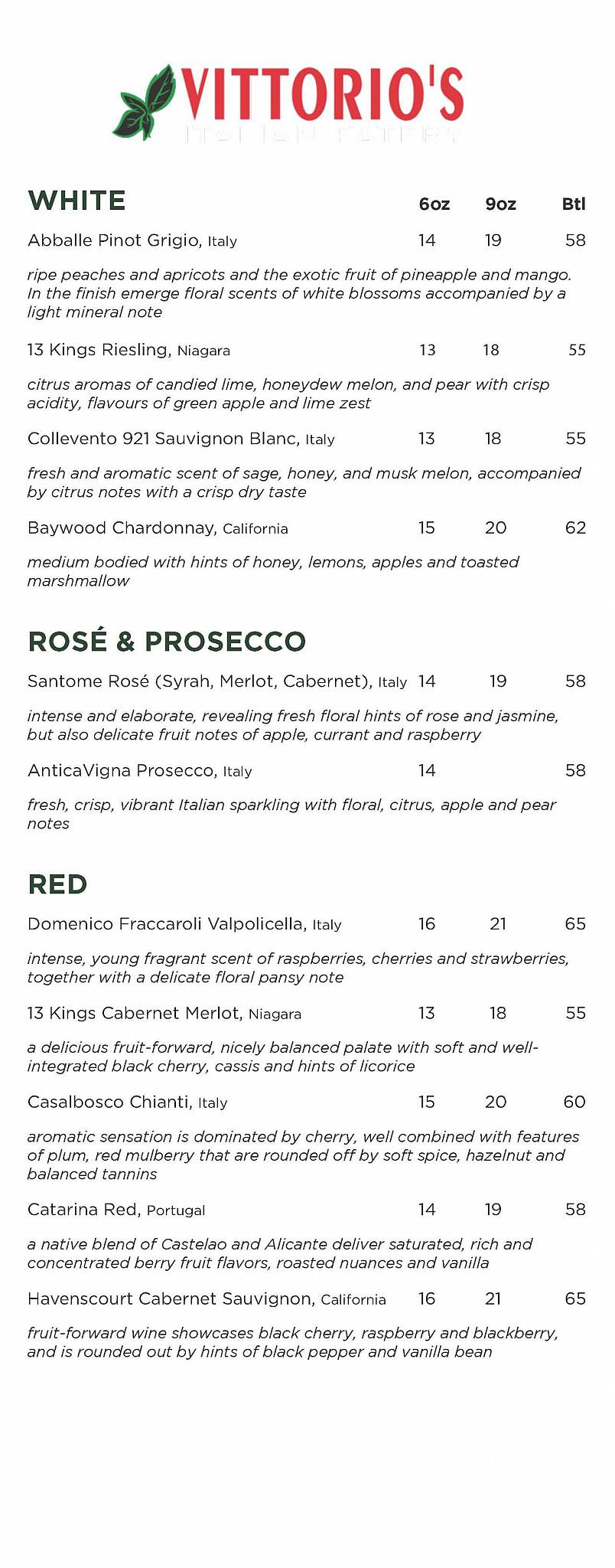 Menu at Vittorio's Italian Eatery restaurant, Niagara Falls