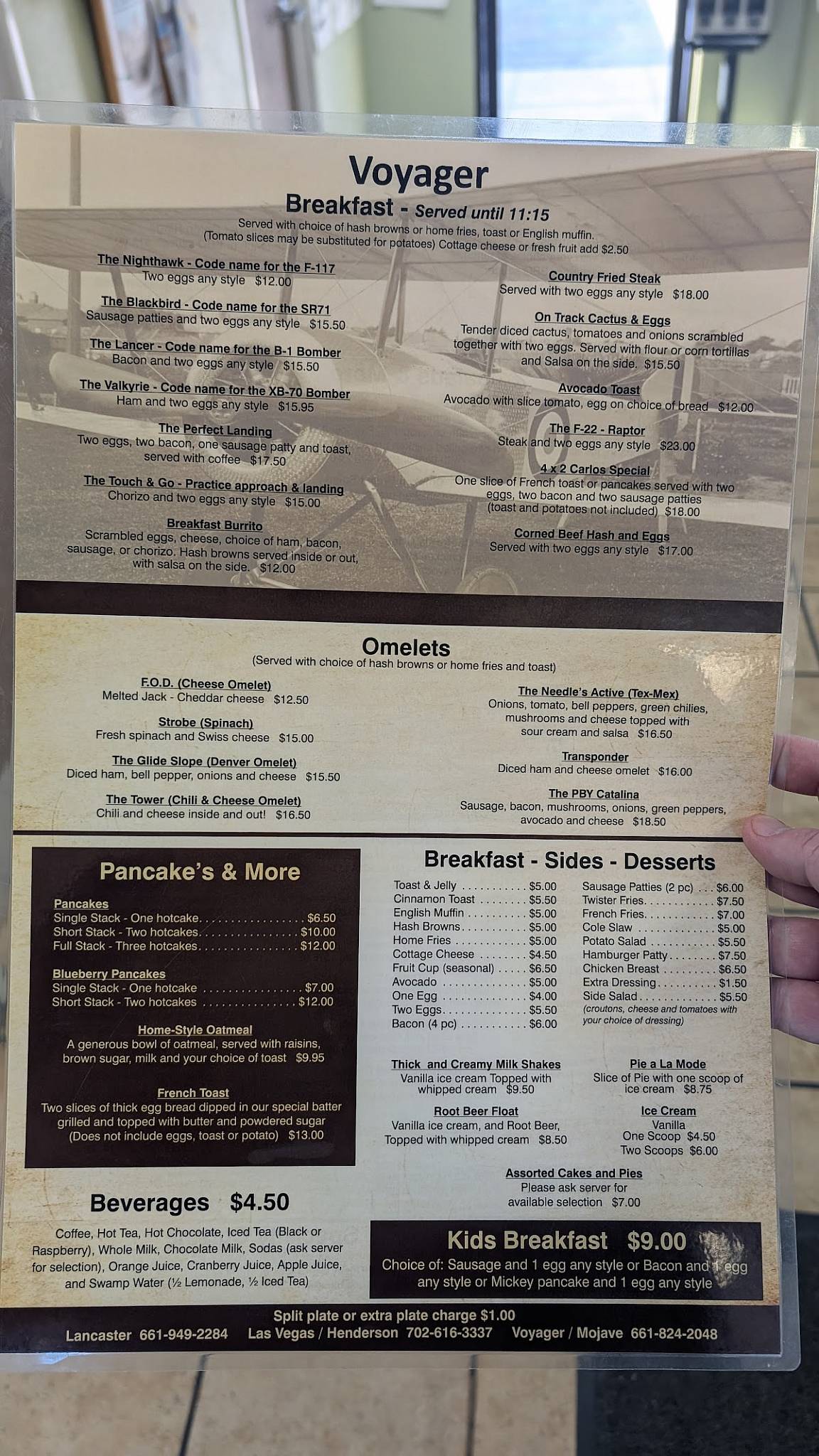 Menu at Voyager Restaurant, Mojave, Flight Line