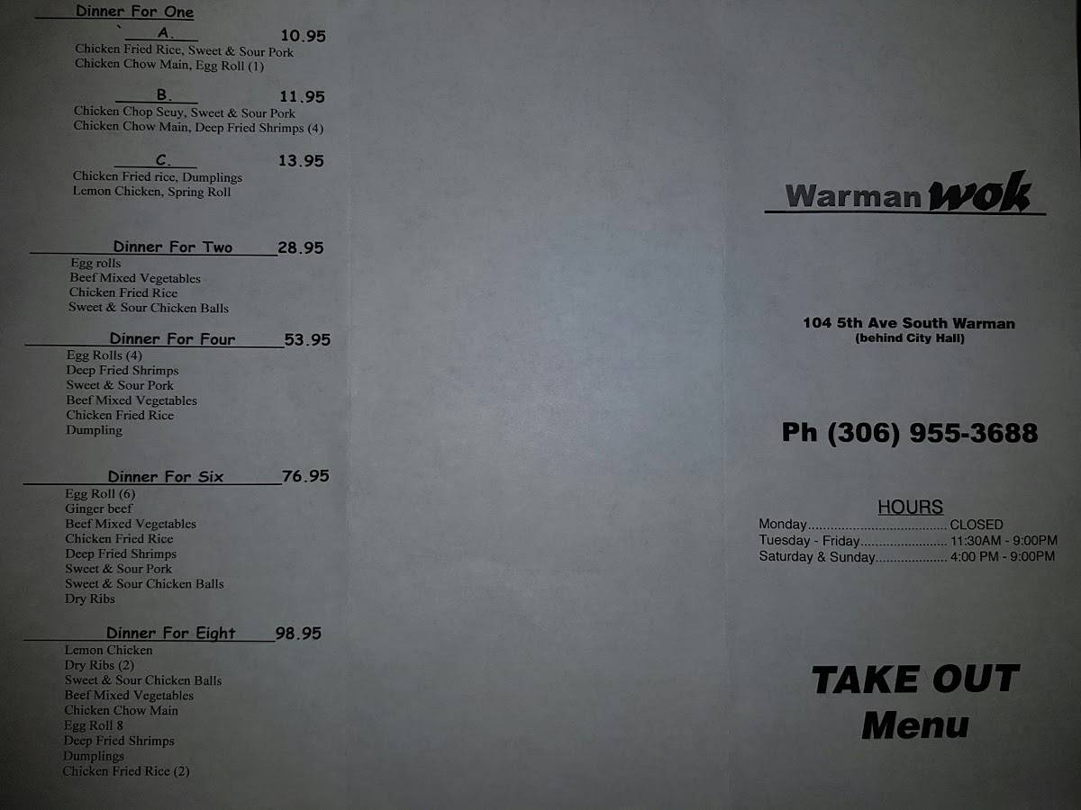 Menu at Warman Wok restaurant, Warman