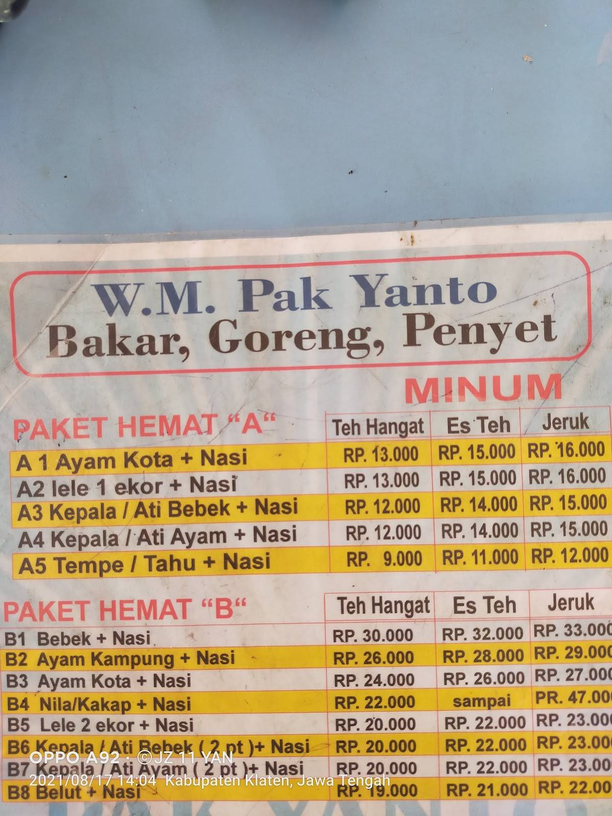Menu at Warung Makan Pak Yanto Jatinom restaurant, Klaten, 9J82+QWQ