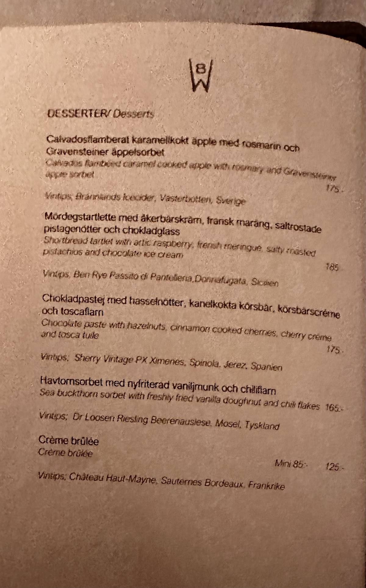 Menu at Wedholms Fisk restaurant, Stockholm
