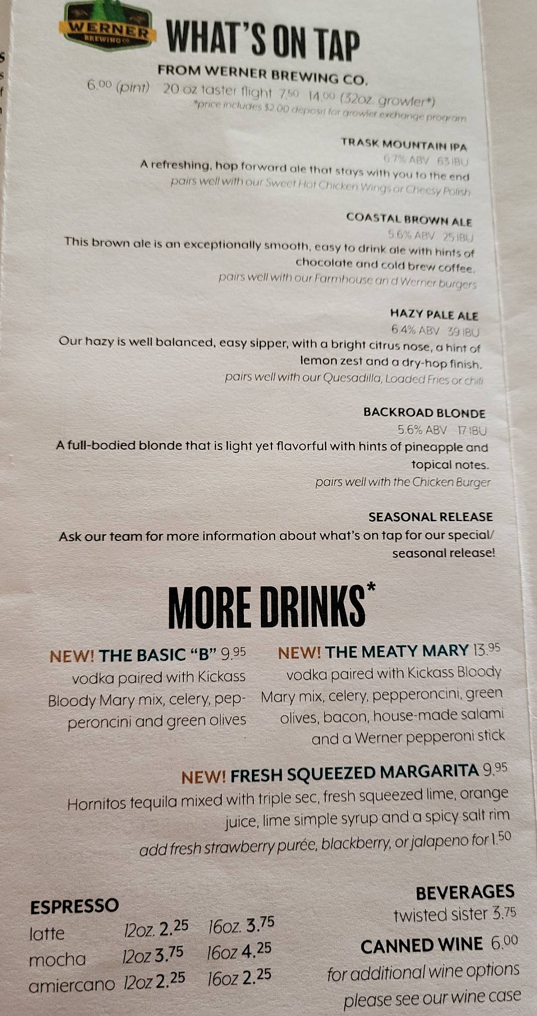 Menu at Werner Beef & Brew restaurant, Tillamook