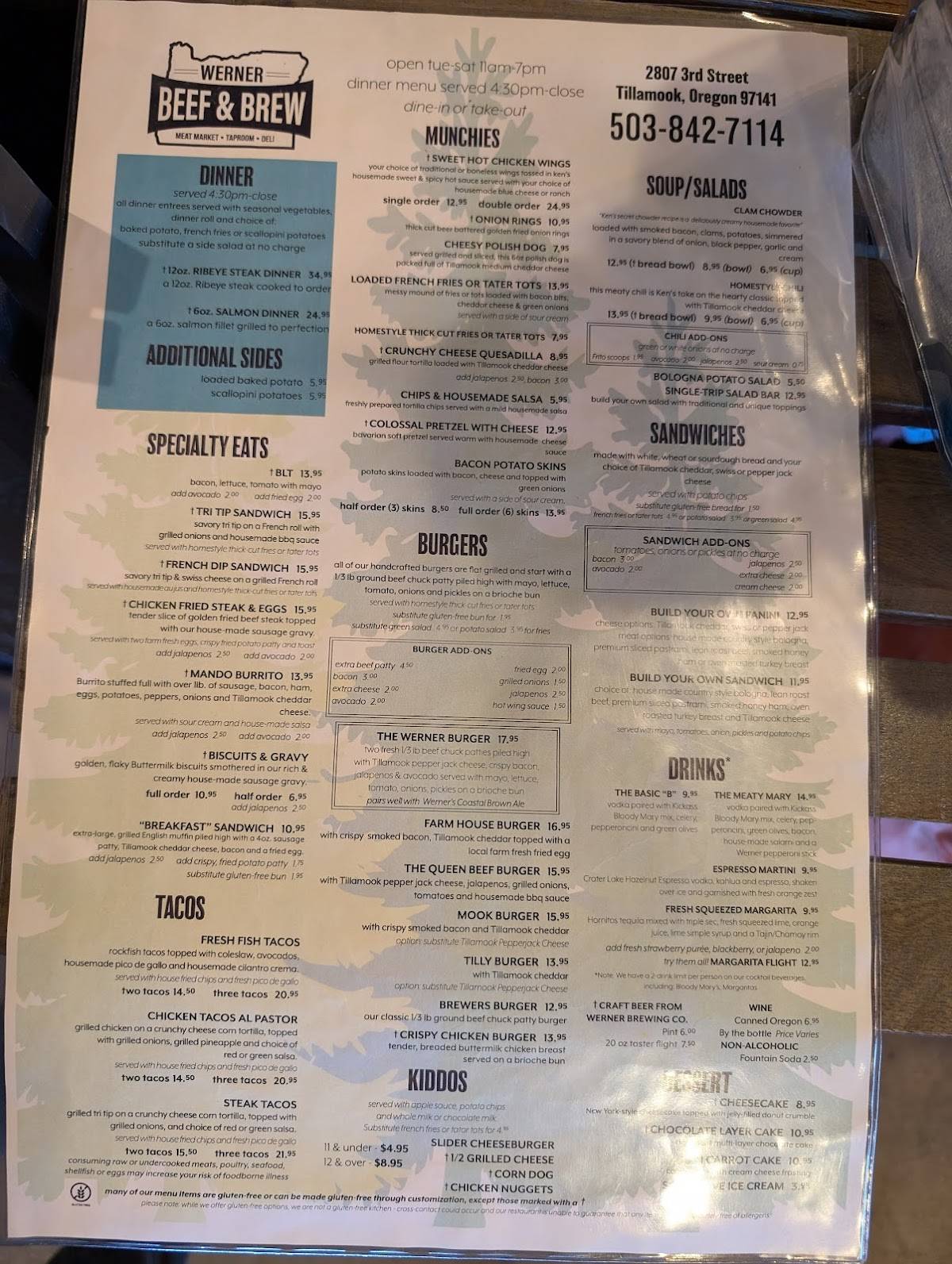 Menu at Werner Beef & Brew restaurant, Tillamook