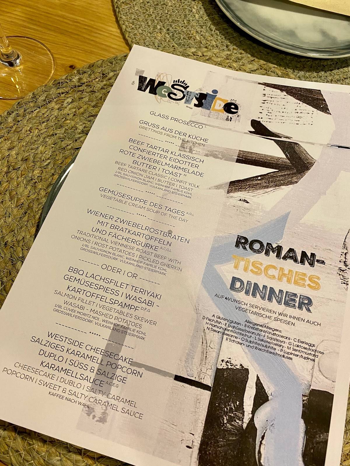 Menu at Westside restaurant, Vienna