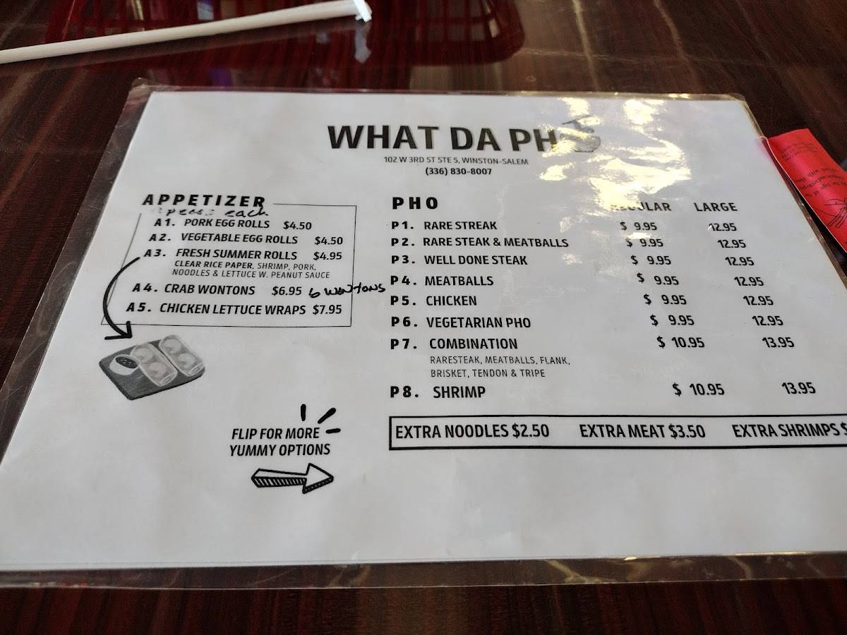 Menu at What Da Pho restaurant, Winston-Salem