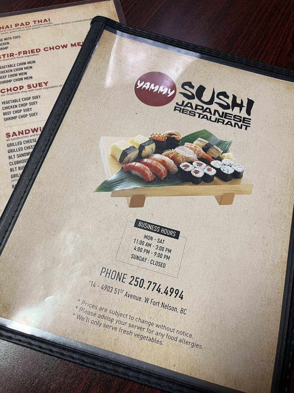 Menu at Yammy Sushi Restaurant, Fort Nelson