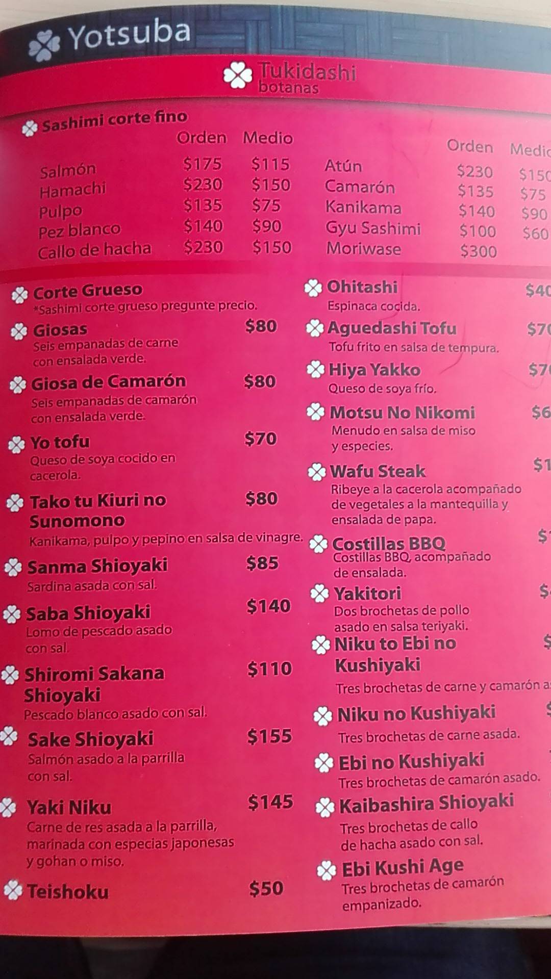 Carta del restaurante Yotsuba Sushi Norte, Aguascalientes, Plaza Privilege