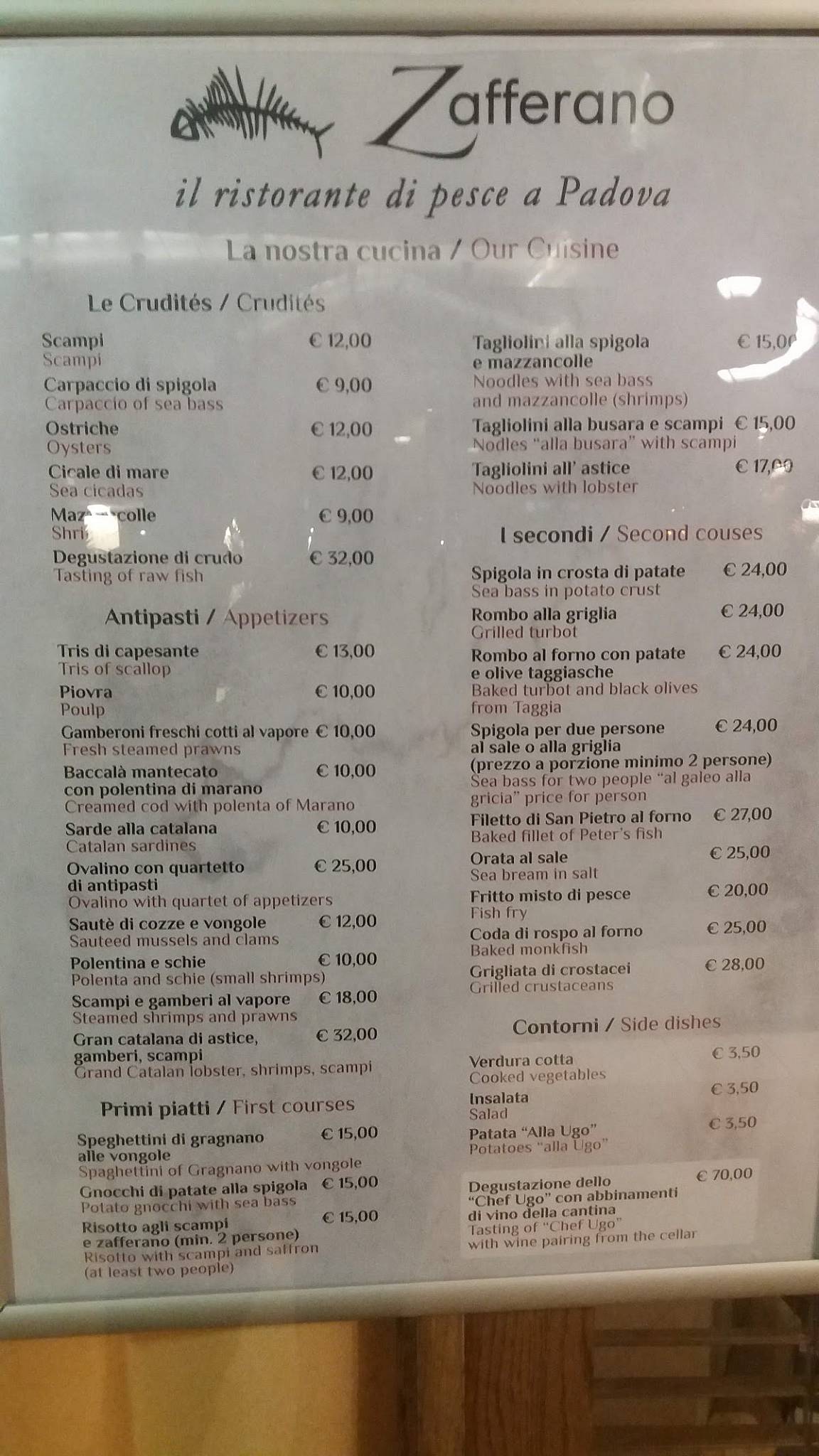Menu at Zafferano restaurant, Padua