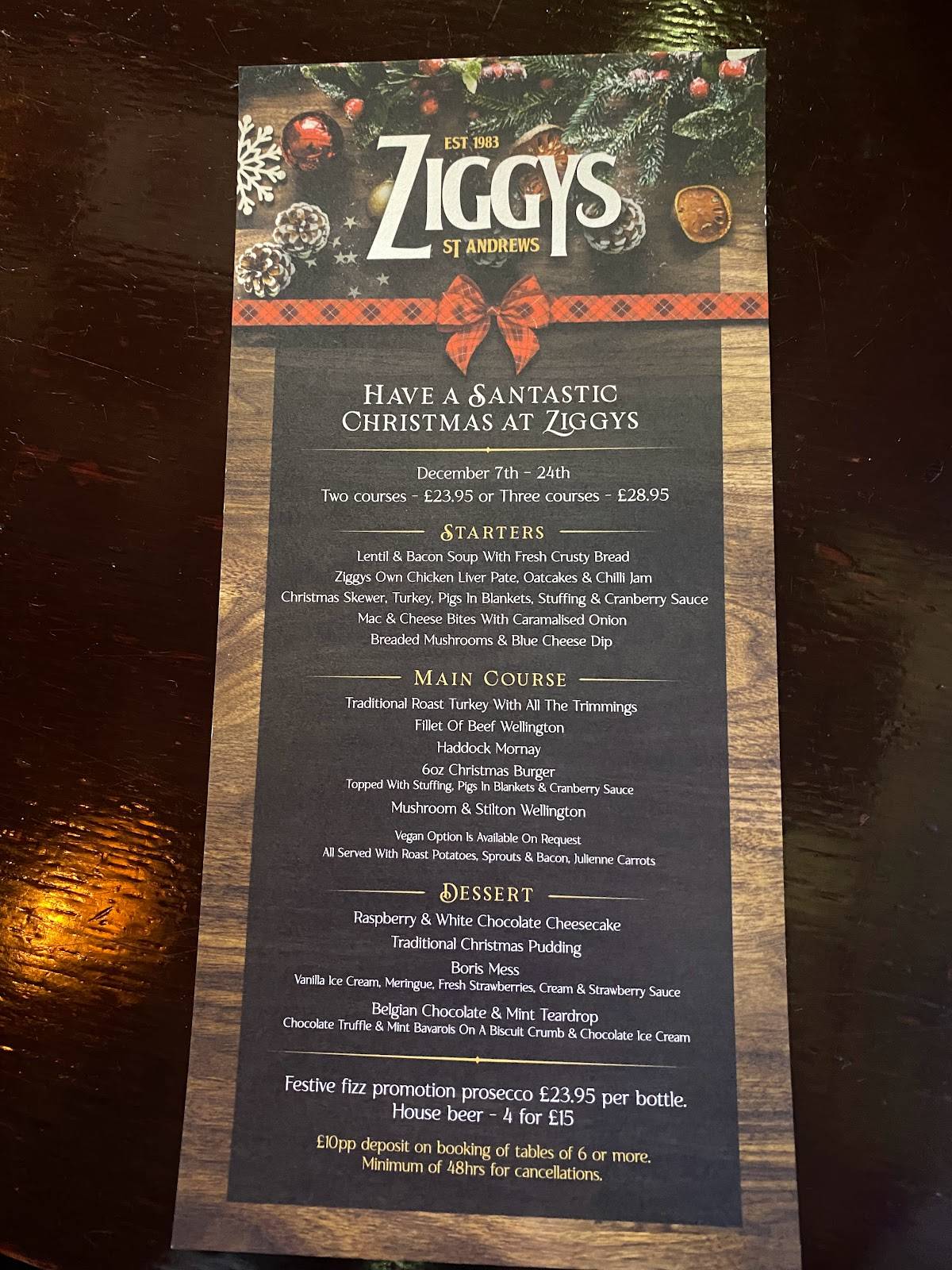 Menu at Ziggys restaurant, Saint Andrews