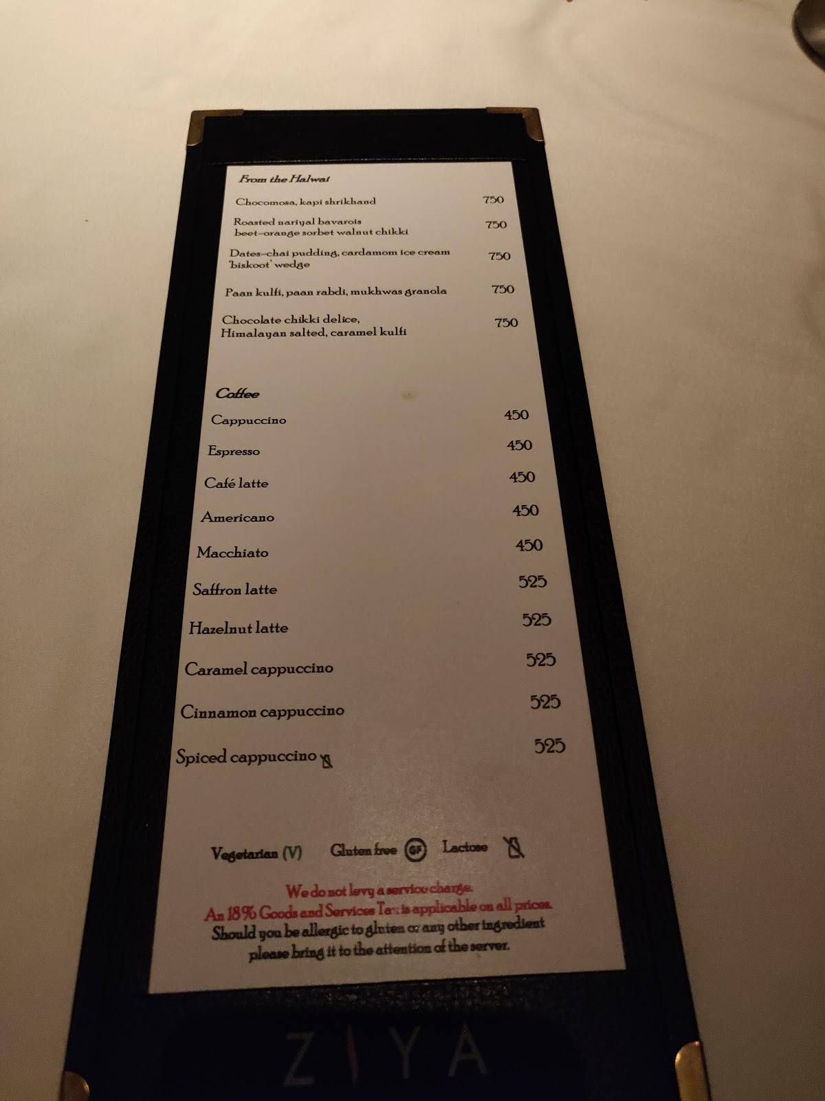Menu at Ziya Restaurant, Mumbai, The Oberoi