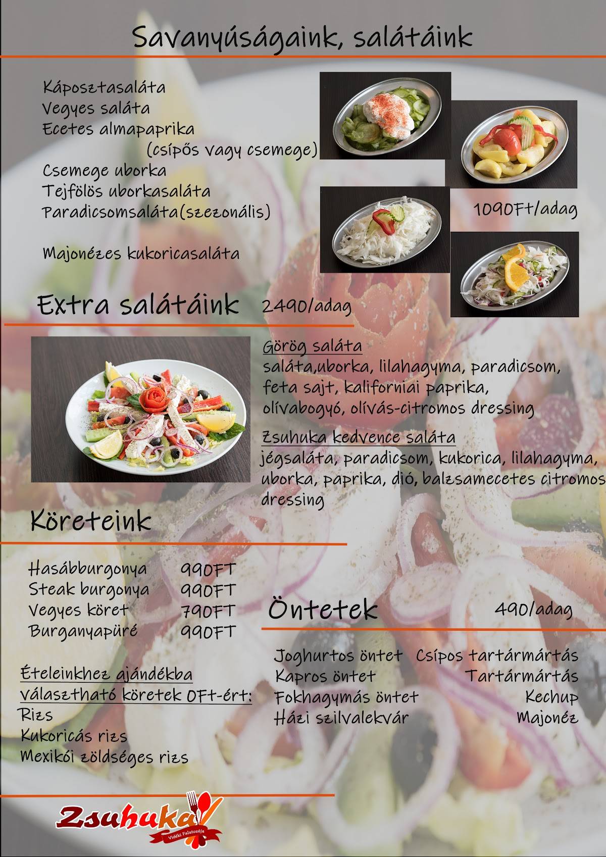 Menu at Zsuhuka Vidéki Falatozója restaurant, Görcsöny