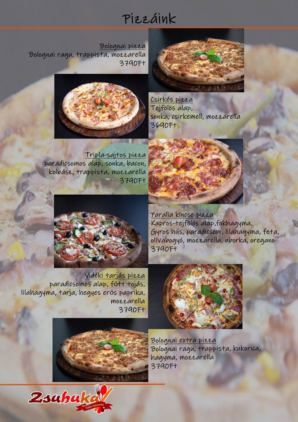 Menu at Zsuhuka Vidéki Falatozója restaurant, Görcsöny