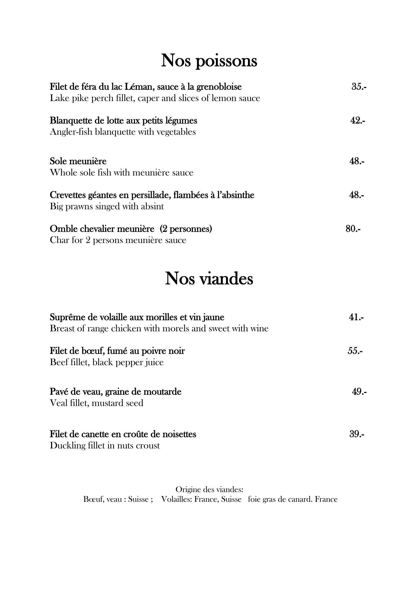 Menu au Restaurant la Perle du Lac, Genève, Rue de Lausanne 126
