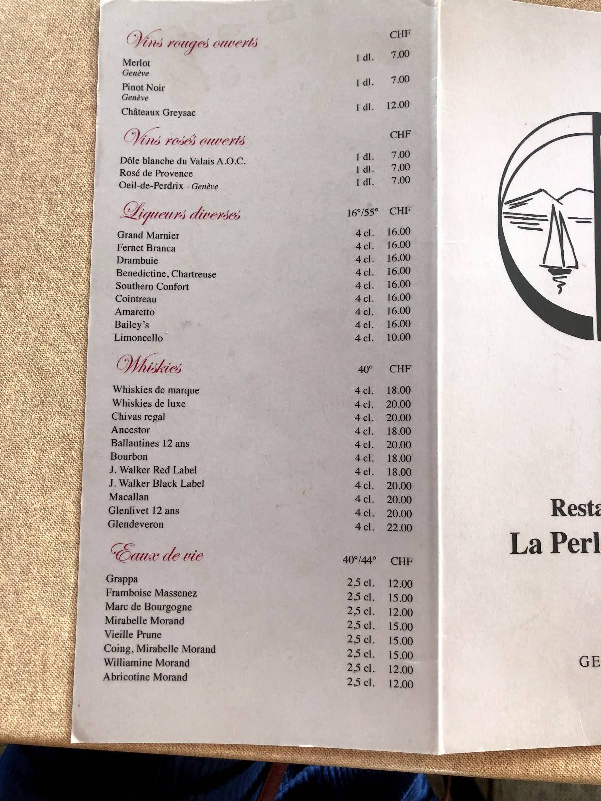 Menu da Restaurant la Perle du Lac, Ginevra, Rue de Lausanne 126