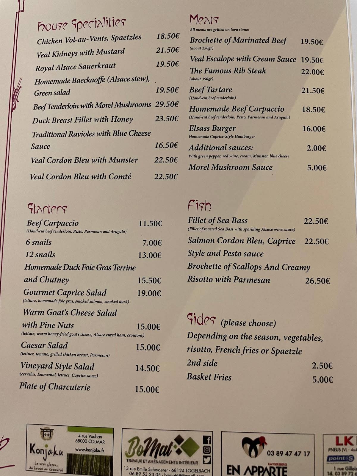 Menu au Restaurant le Caprice, Colmar