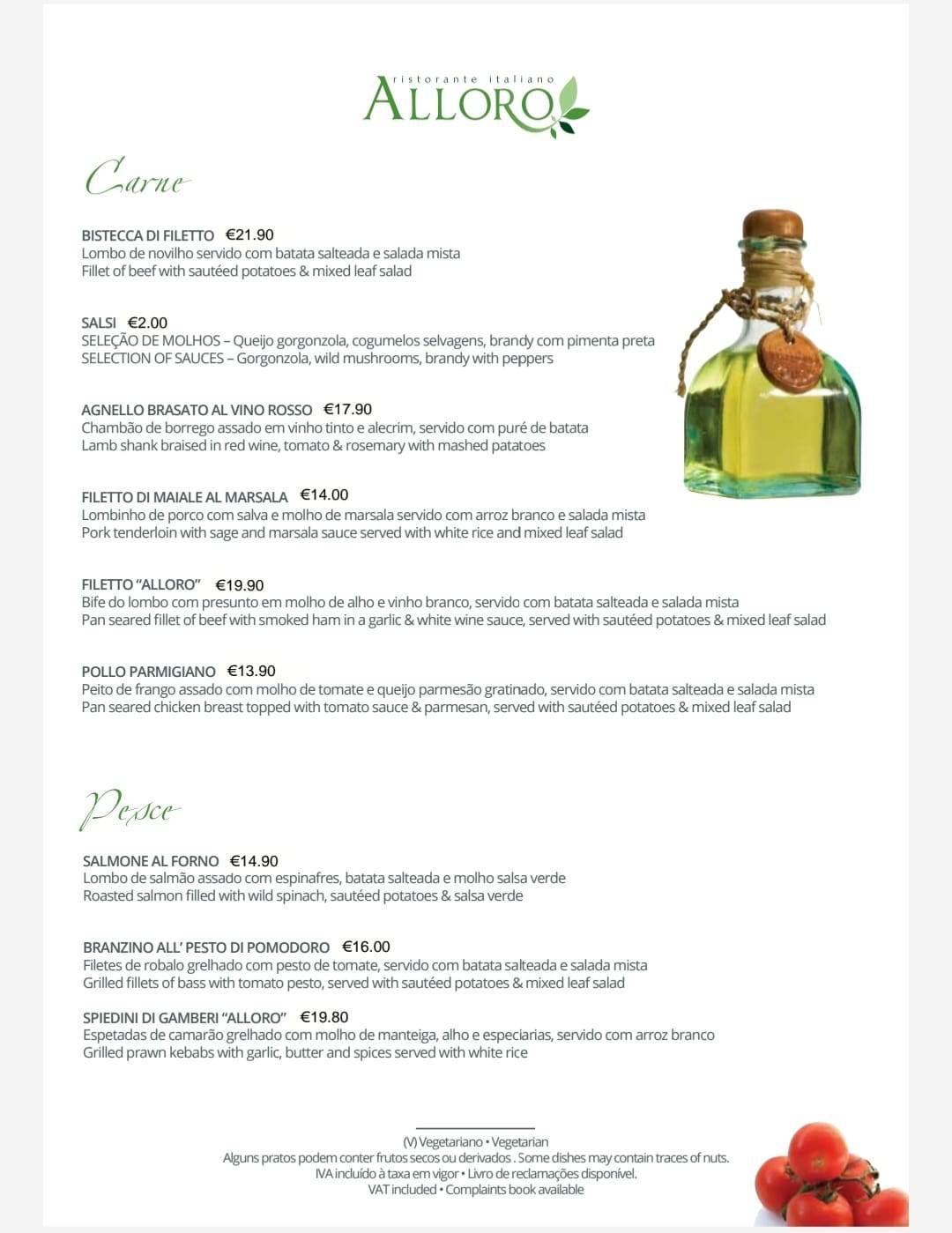 Menu at Restaurante ALLORO, Praia da Luz