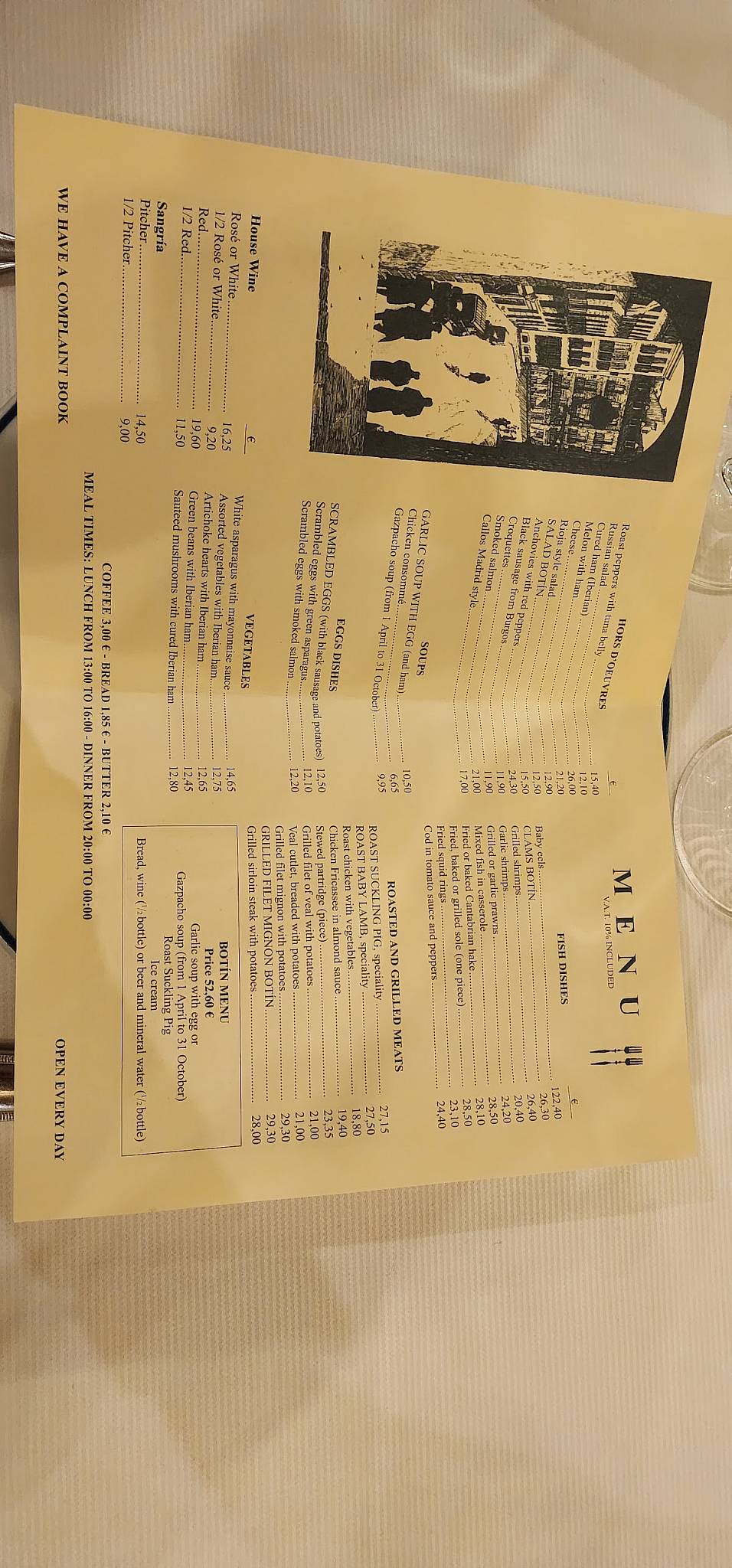 Menu at Sobrino de Botín steakhouse, Madrid, C. de Cuchilleros