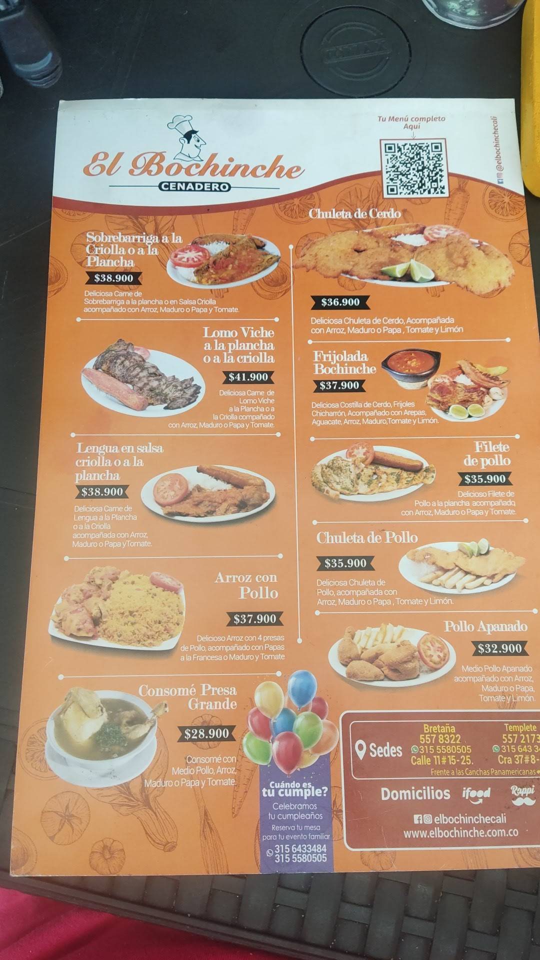 Carta de Restaurante El Bochinche Cenadero, Cali
