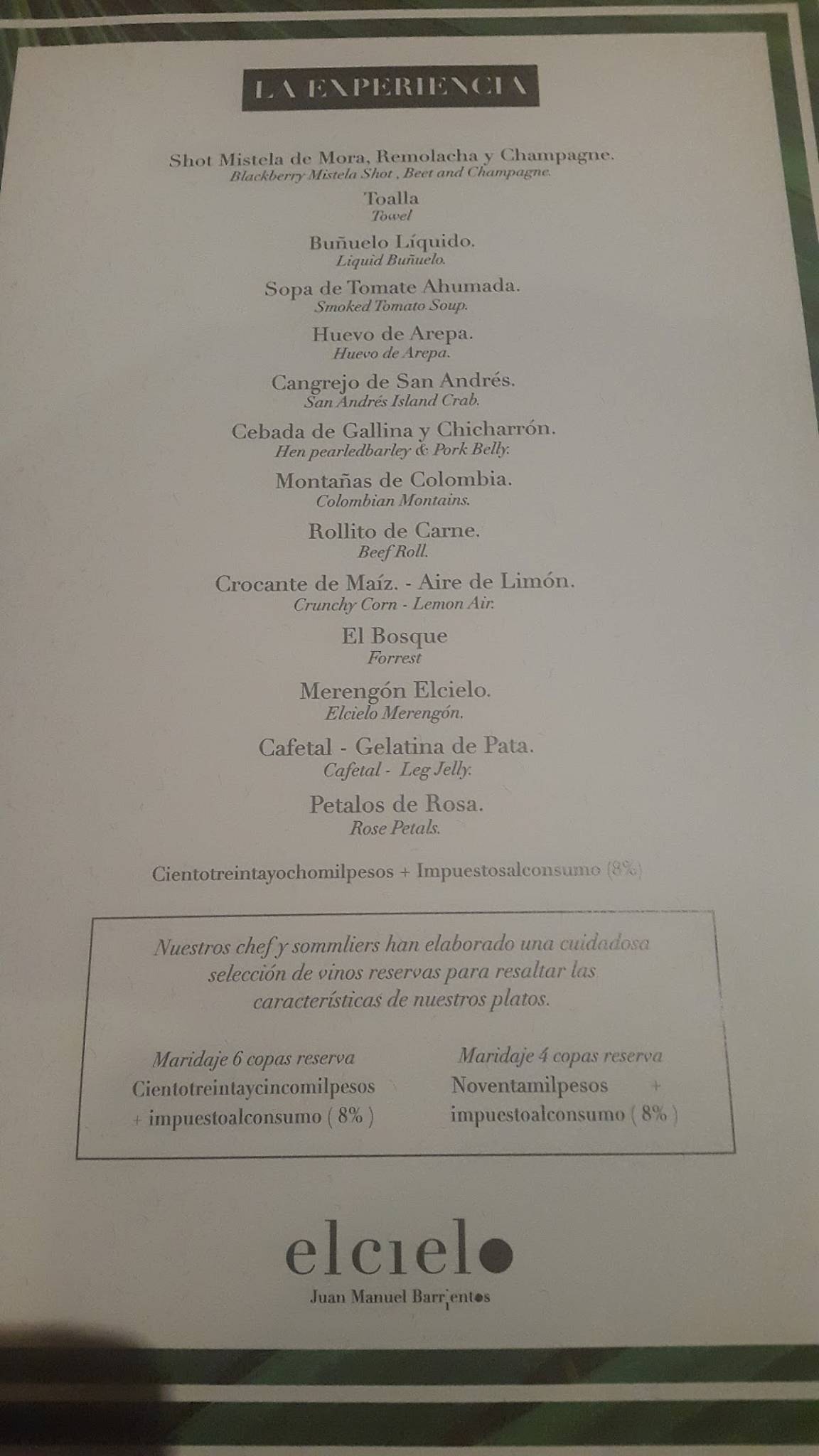 Carta de Elcielo Bogotá Restaurant, Bogotá, Calle 70 #4-47