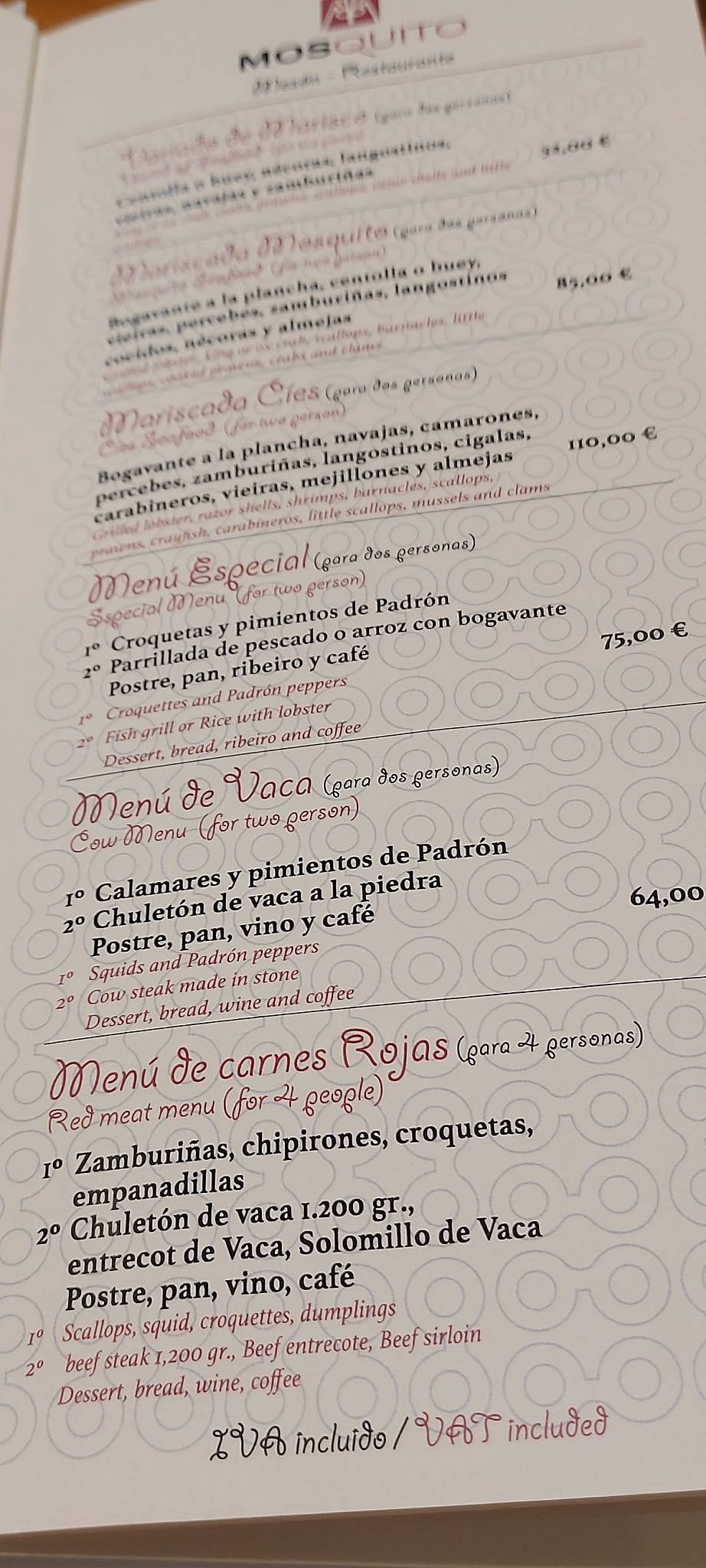 Menu at Restaurante El Mosquito, Baiona