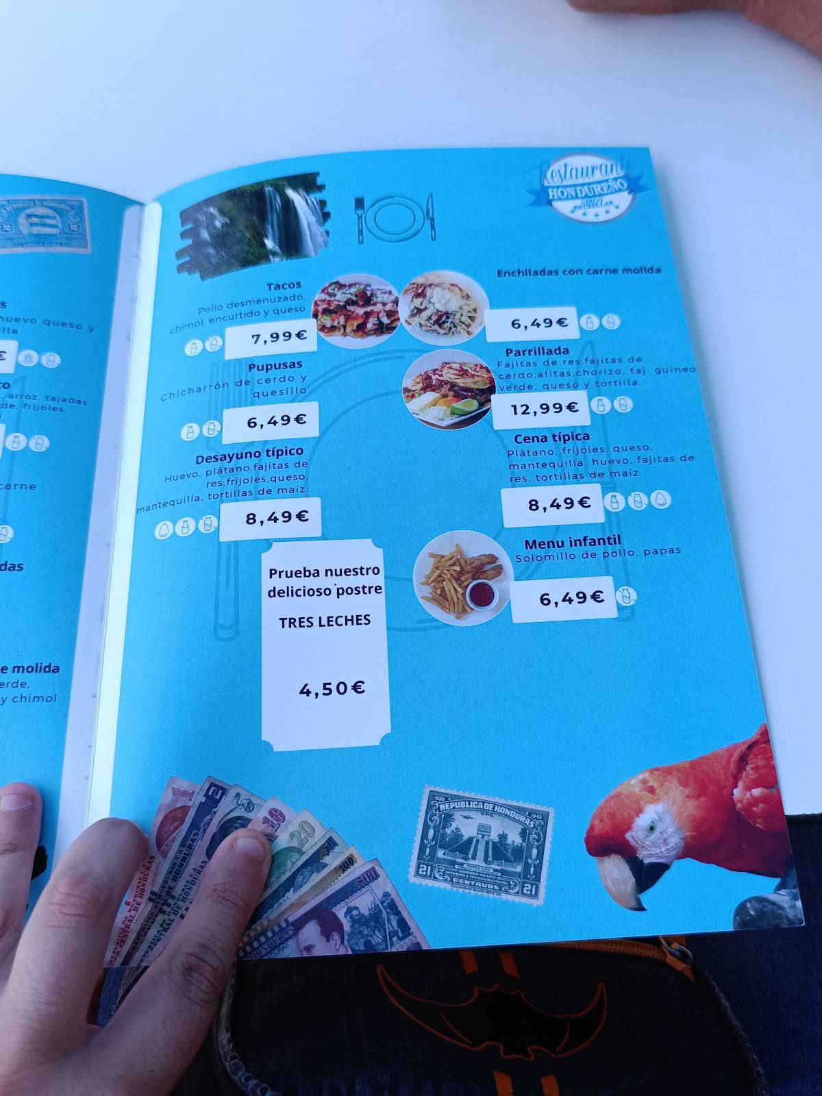 Carta de Restaurante Hondureño Cinco Estrellas, Valencia