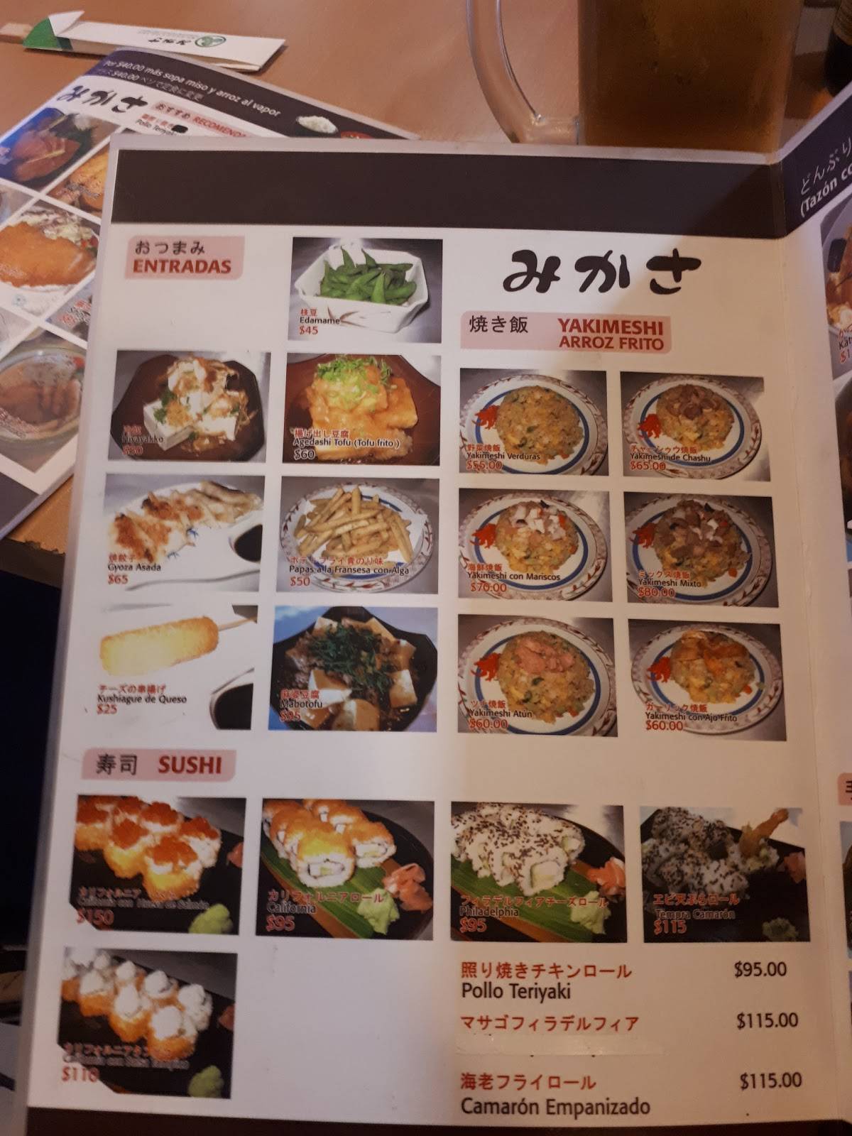 Carta de Restaurante Japones Grupo Mikasa Celaya, Celaya
