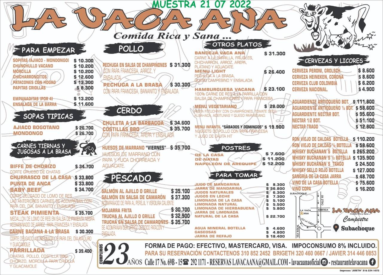 Menu at La Vaca Ana restaurant, Bogotá, Calle 17 69 15