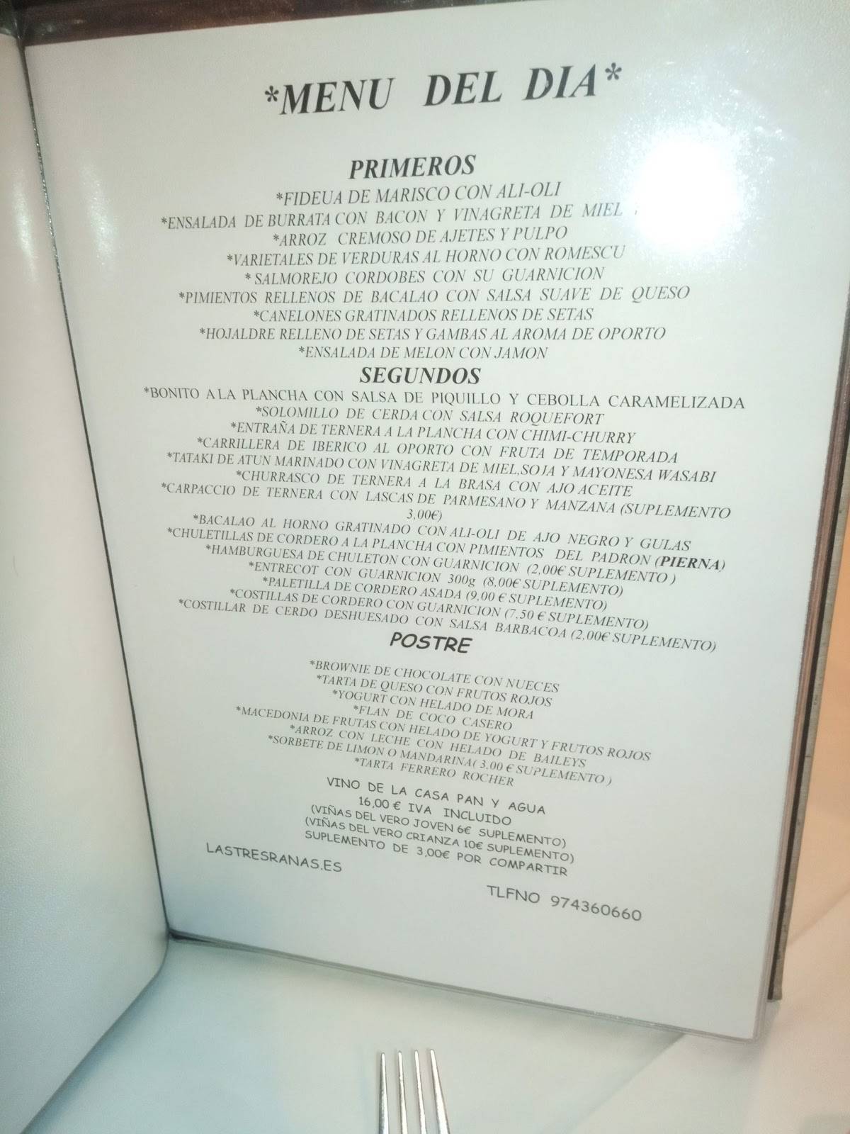 Carta de Restaurante Las 3 Ranas, Jaca