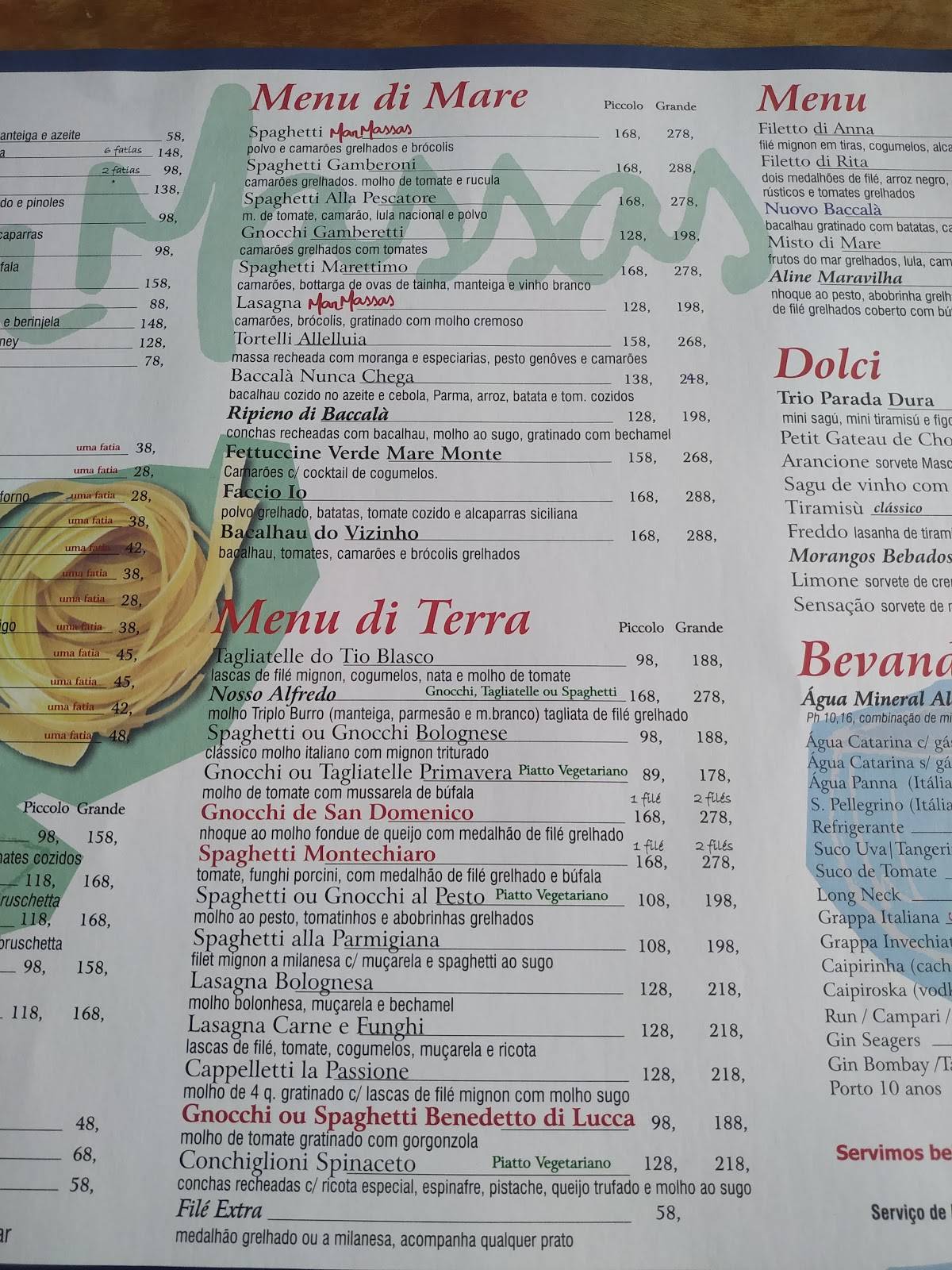Menu at Mar Massas restaurant, Florianópolis, R. Laurindo Januário da ...