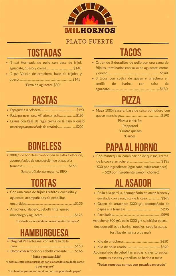 Carta de Restaurante Mil Hornos, Ciudad Mante